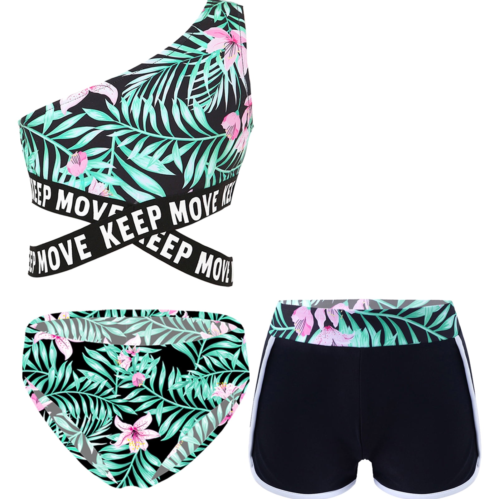 YONGHS Girls 3 Piece Swimsuits Athletic Tankini Swimwear Crop Top ...