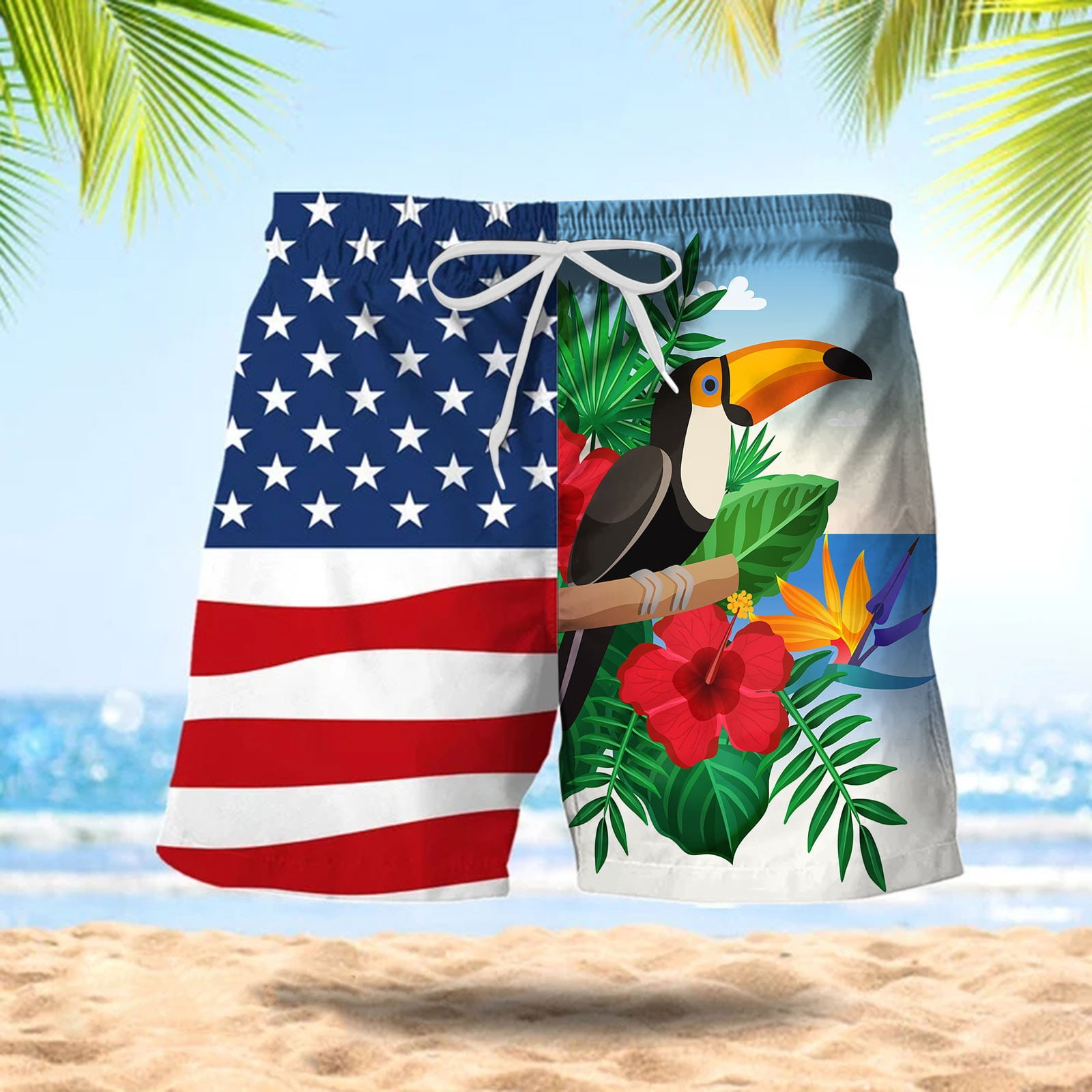 HIMIWAY Men's Fashion Independence Day Printed Strapped Hawaiian Beach ...