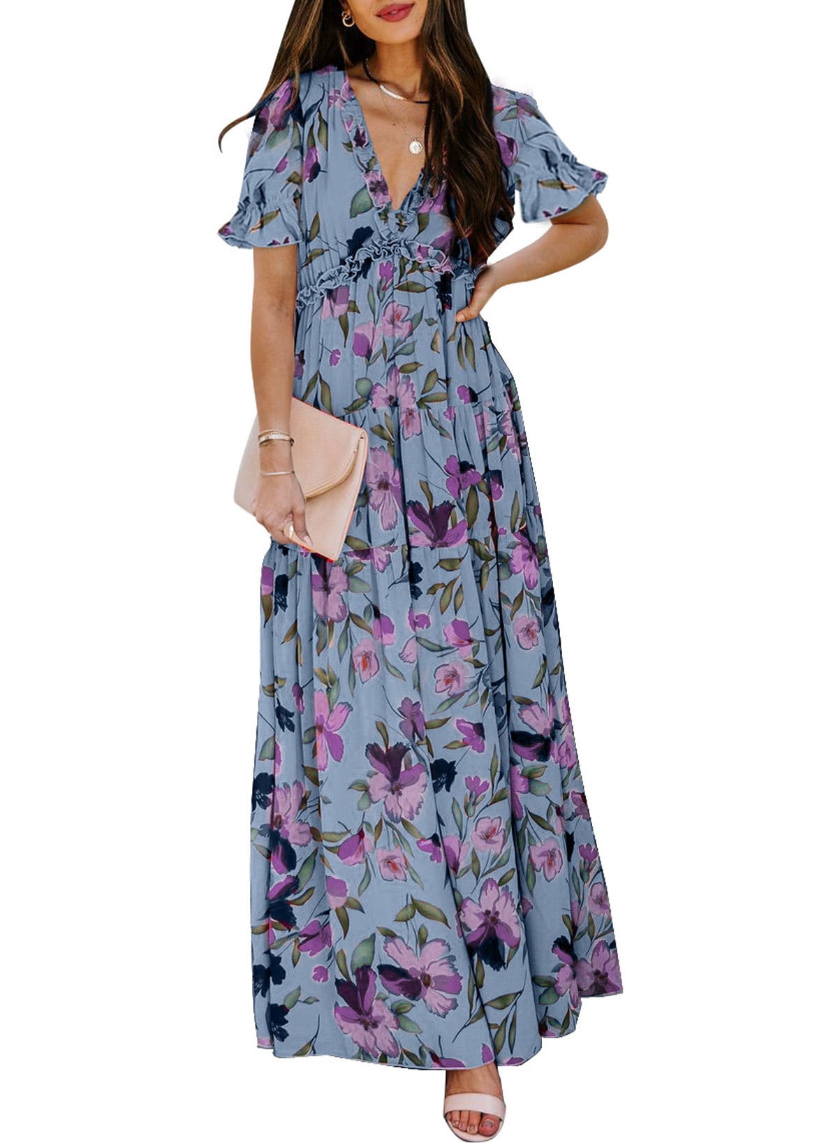 Asyoly Sexy Sundresses for Women Deep V Neck Boho Floral Maxi Dress ...