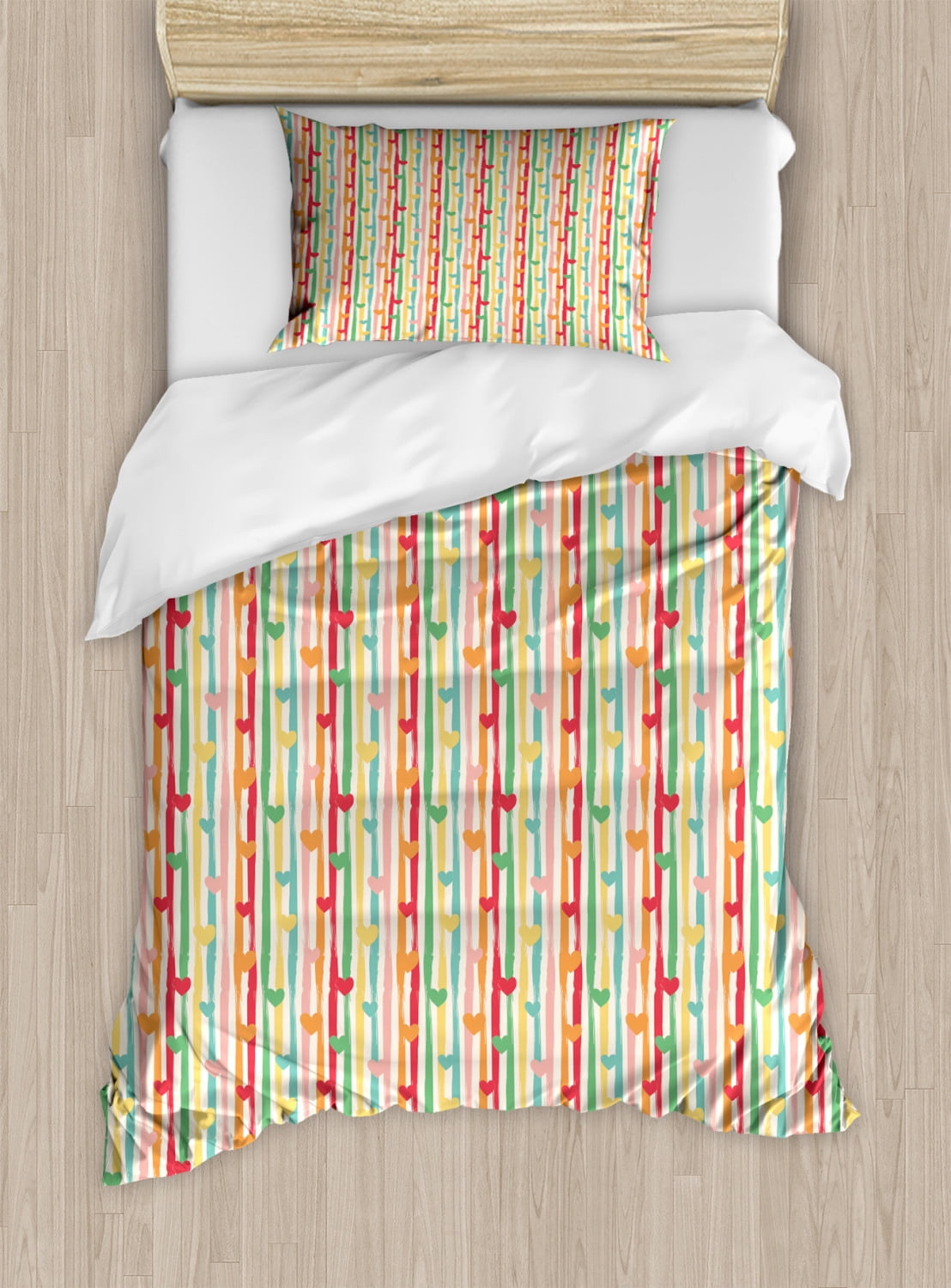 Colorful Twin Size Duvet Cover Set, Pastel Hearts with Vertical Color ...