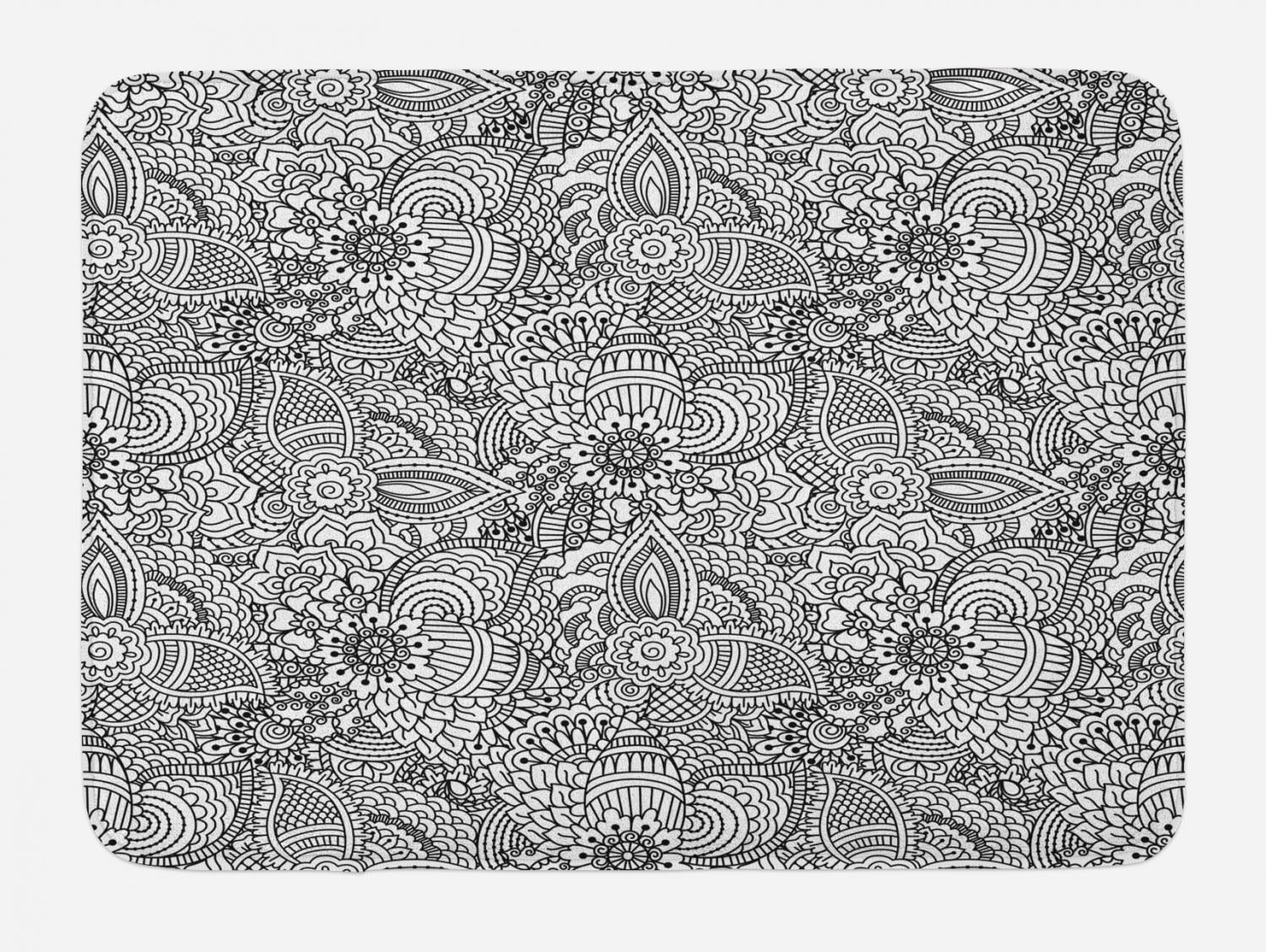 Henna Bath Mat, Monochrome Design Ethnic Cultural Pattern Intricate ...