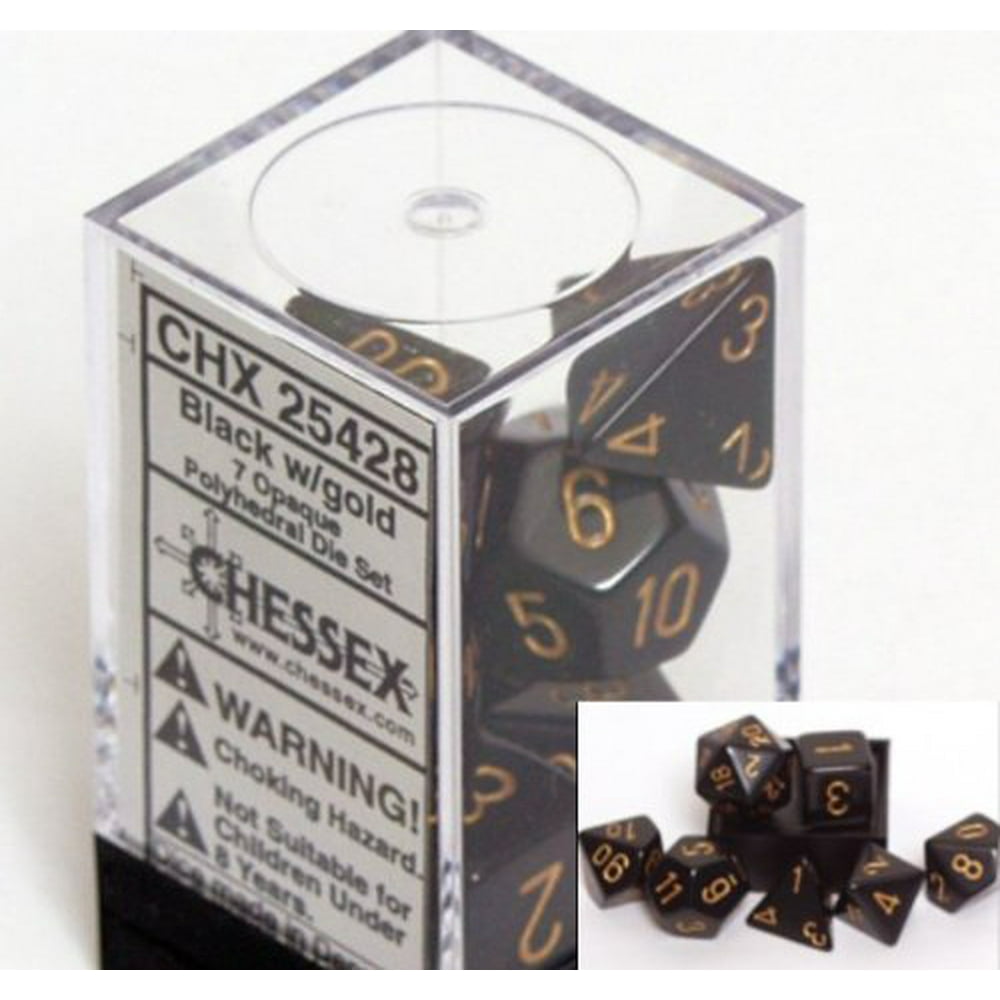 Chessex Polyhedral 7-Die Opaque Chessex Dice Set - Black with Gold ...
