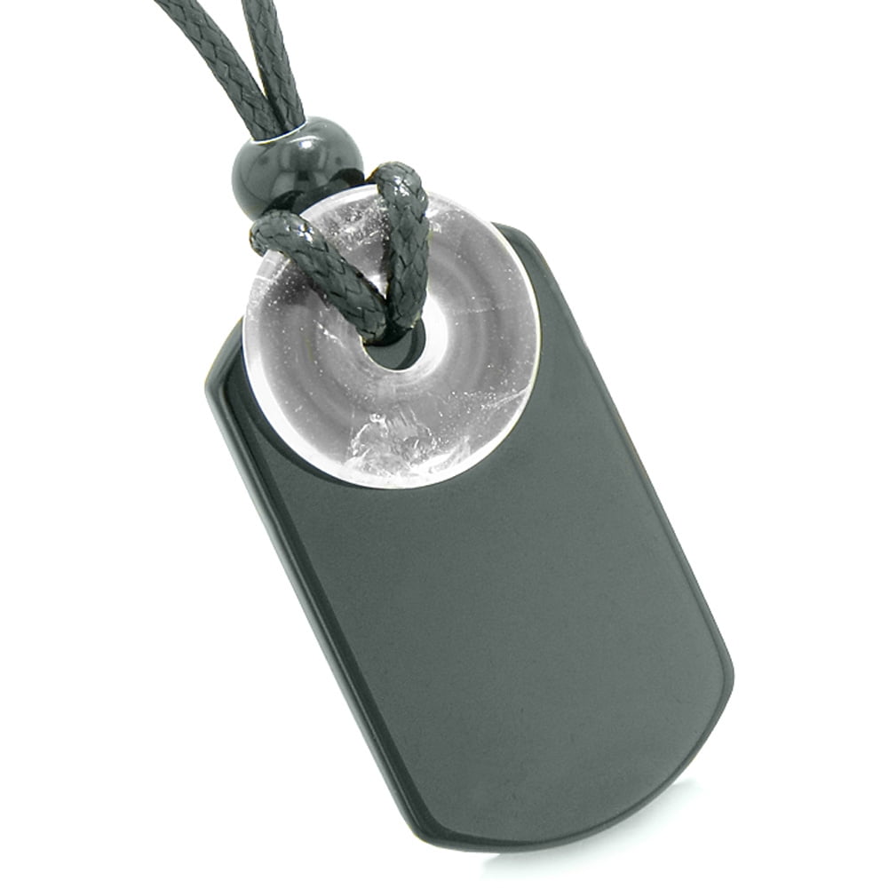 Cool Black Agate Tag and Crystal Quartz Lucky Coin Shaped Donut Amulet ...