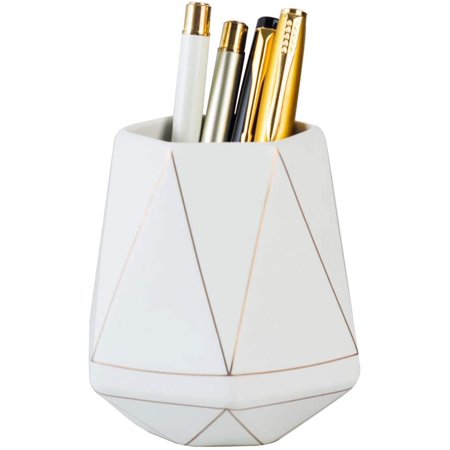 Ceramic Desk Pen Holder Stand Golden Line Geometry Pencil Cup Pot Desk ...