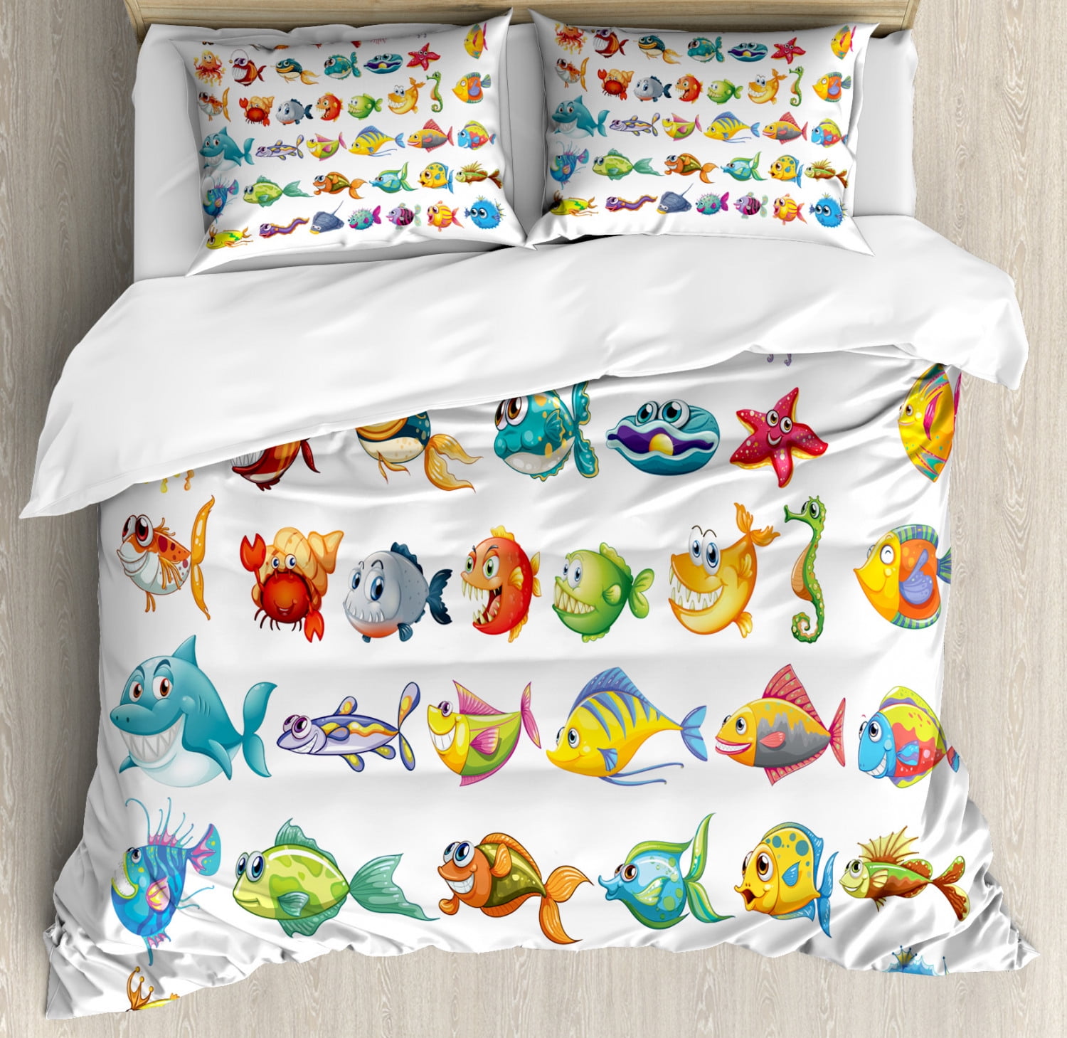 Fish King Size Duvet Cover Set, Collection of Sea Creatures Cartoon ...