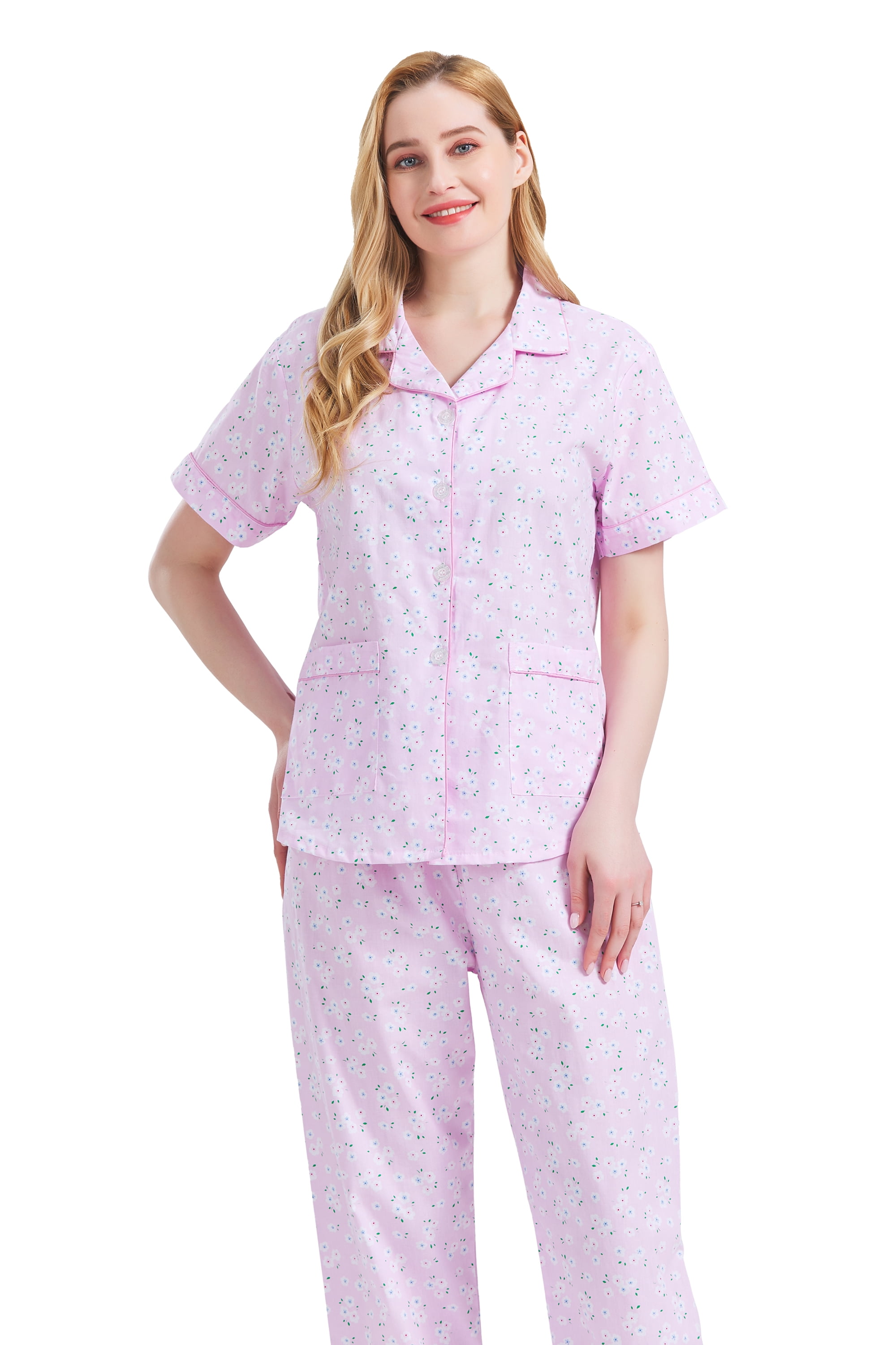 GLOBAL Women 100% Cotton Button Down Short Sleeve Top & Long Pants ...