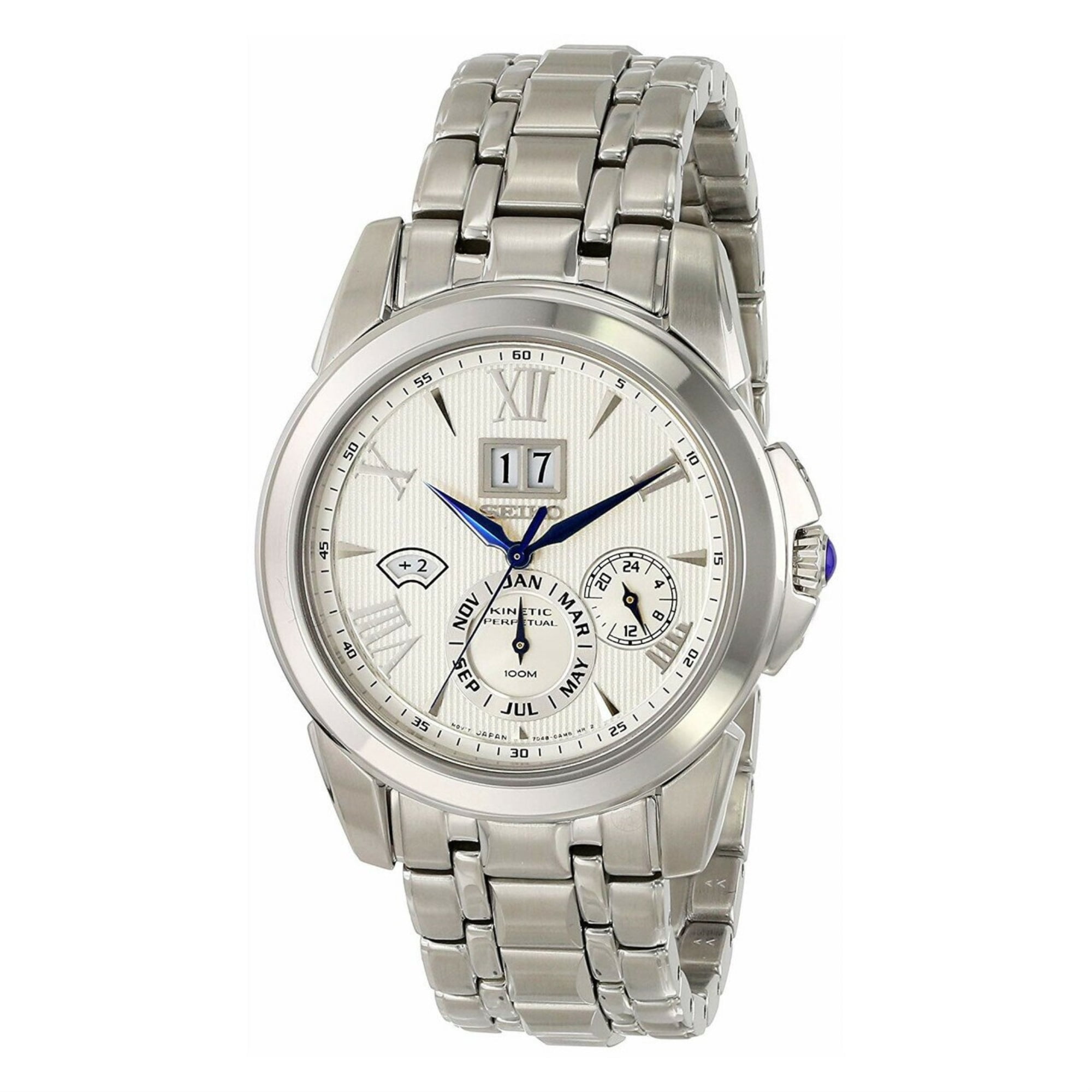 Seiko Men's Kinetic Ivory Dial Stainless Steel Chronograph Watch SNP065 ...