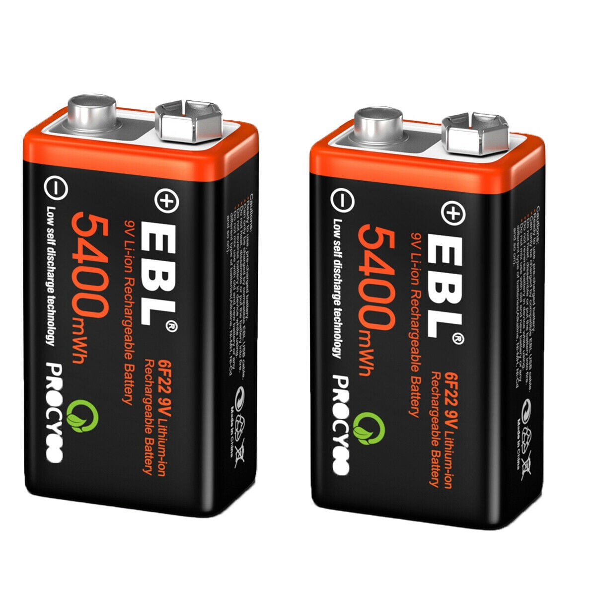 EBL 2pcs Rechargeable 9V Lithium Batteries, 5400mWh USB 9 Volt Li-ion ...