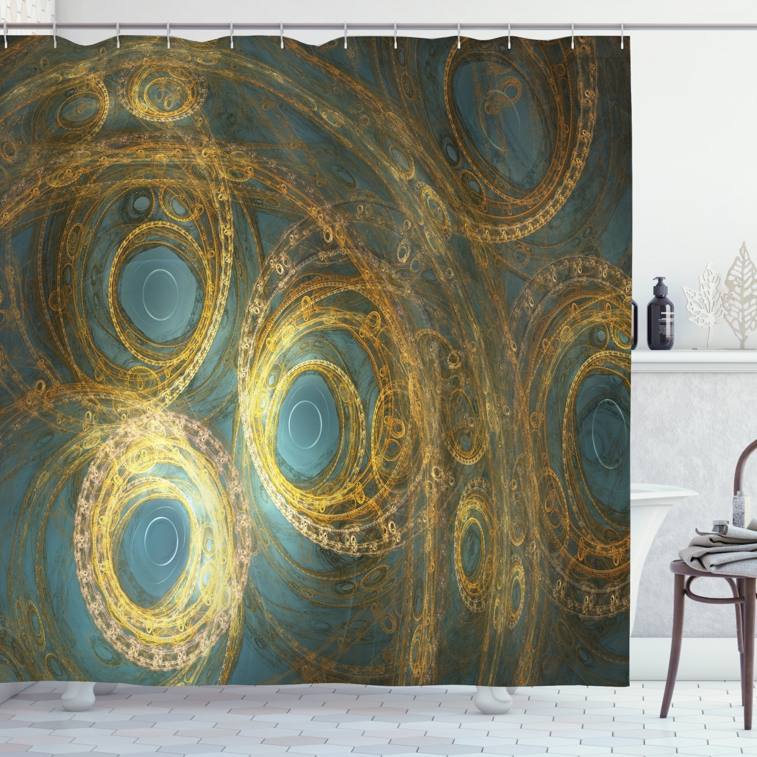 Steampunk Shower Curtain, Fantasy Whirlwind Shaped Mechanic Clockwork ...