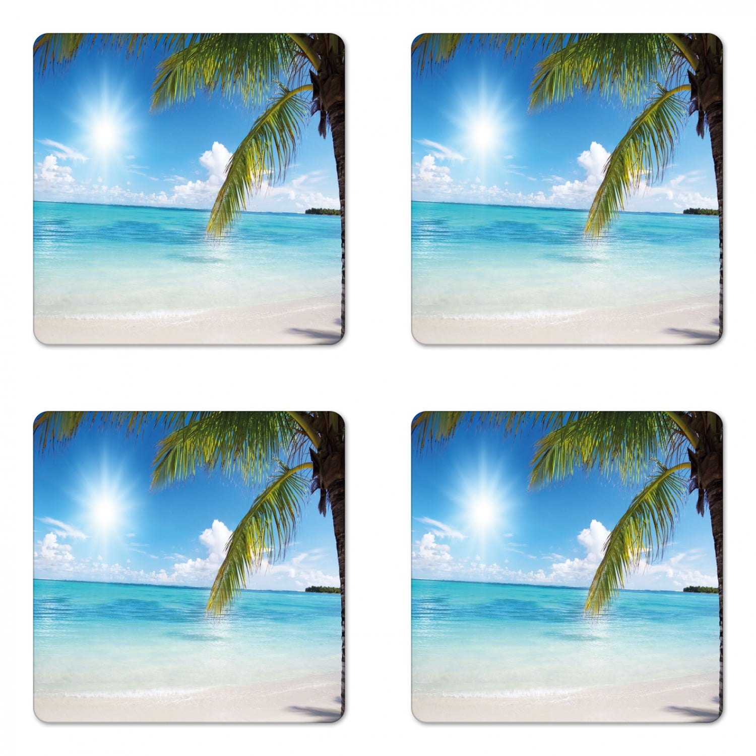 Summer Coaster Set of 4, Tropical Paradise Beach Coconut Palms Crystal ...