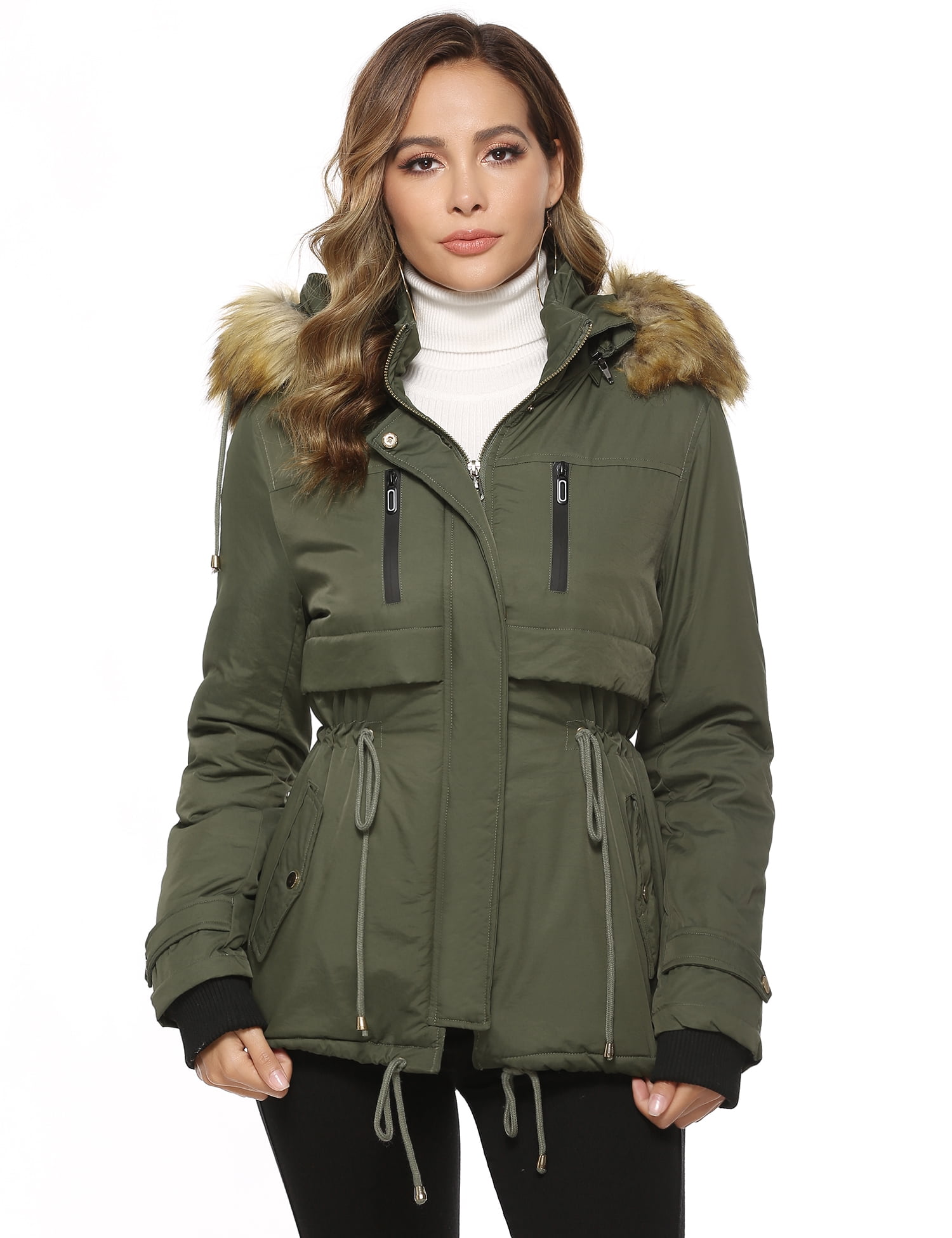 Uniexcosm Women Winter Coat Zip Pockets Quilted Parka Mid-length Jacket ...