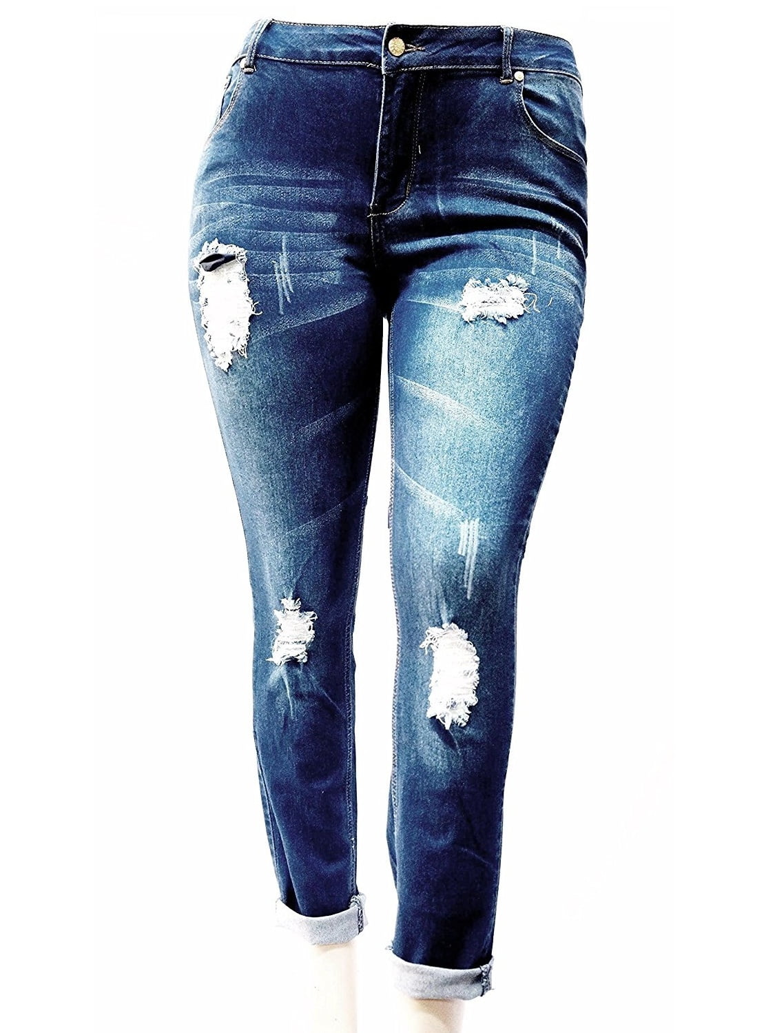 Jack David Women's Plus Size Ripped Destroy Blue Denim Roll up ...