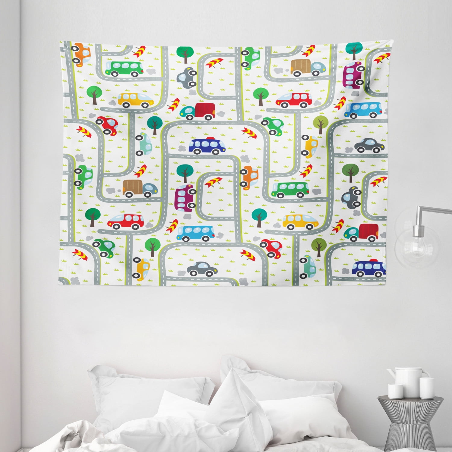 Cars Tapestry, Vibrant Cute Children Drawing Cars Driving on the Roads ...