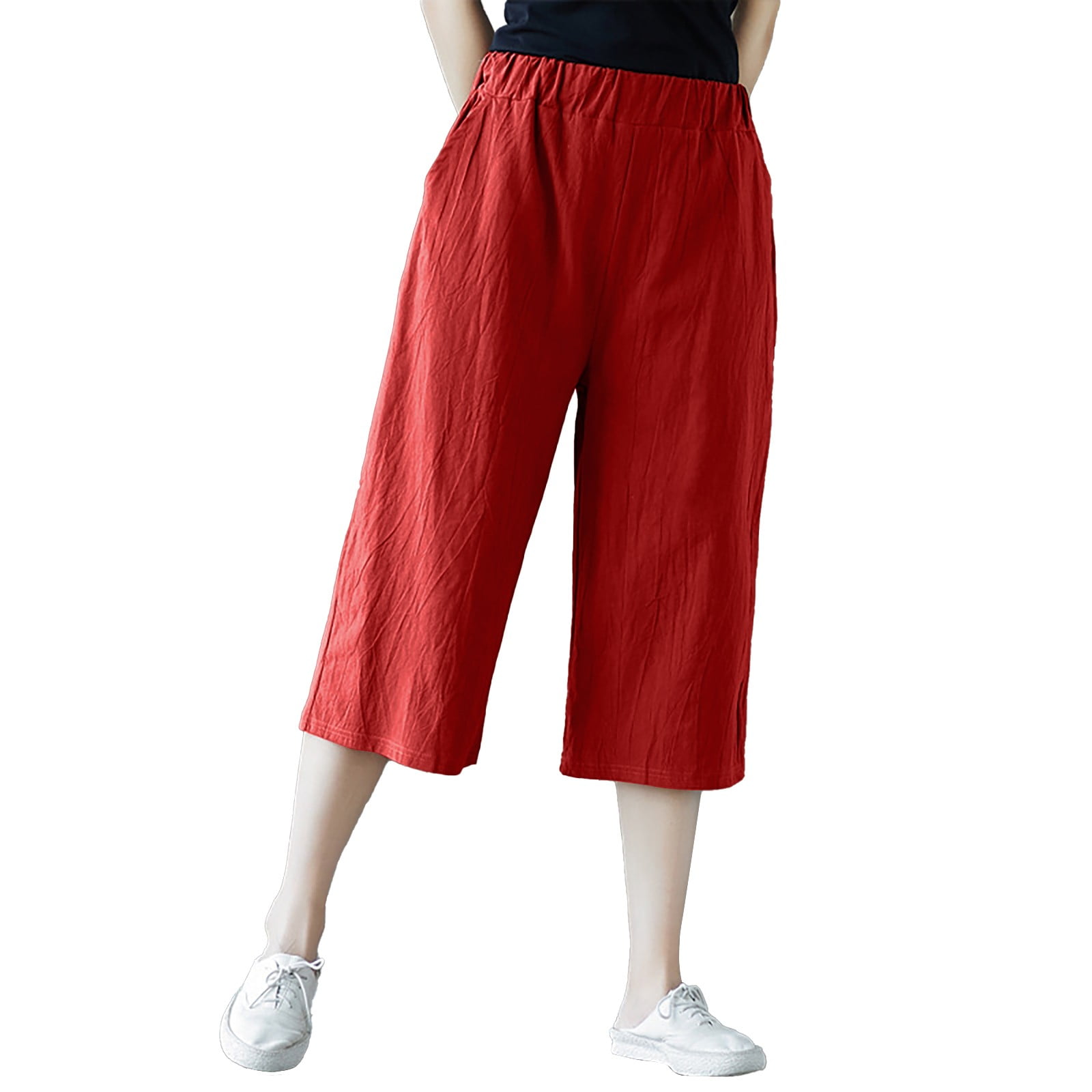Yinguo Women Capri Pants Solid Casual Cotton And Linen Wide Leg Pants