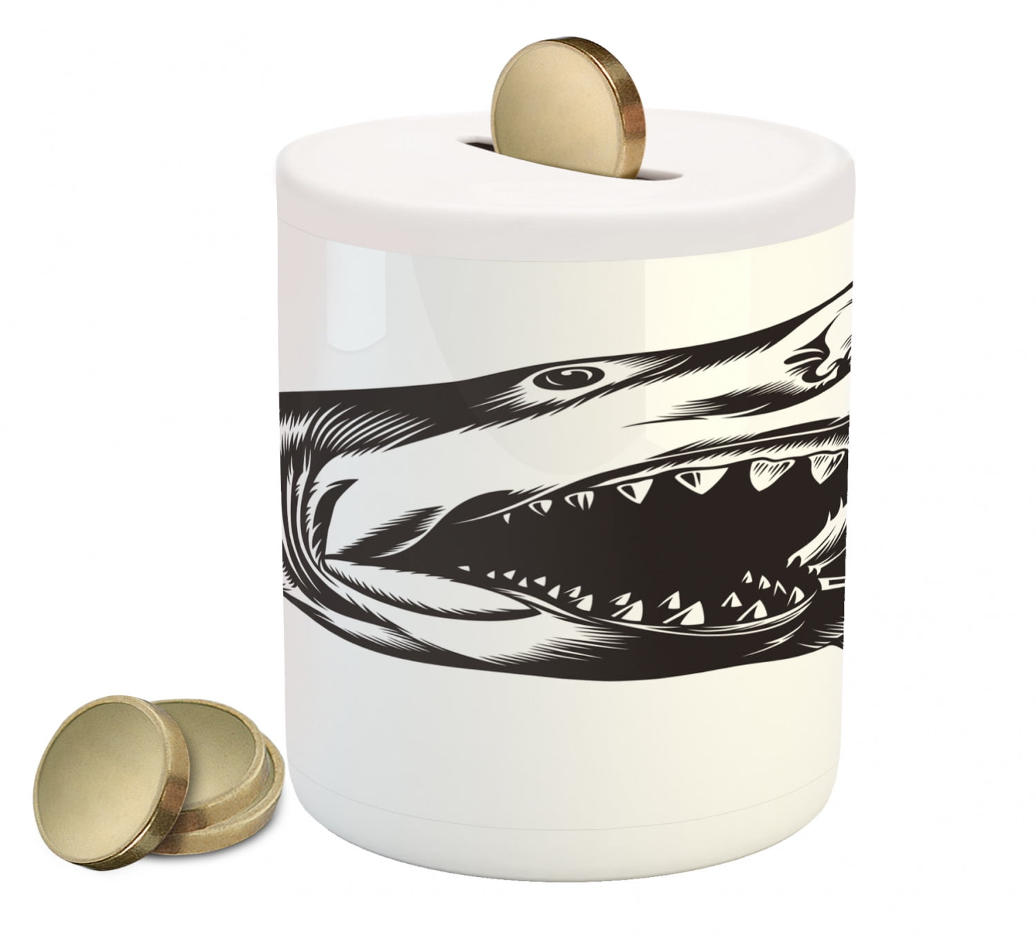 Shark Piggy Bank, Digital Sketch of Wild Fish with Open Mouth Power ...