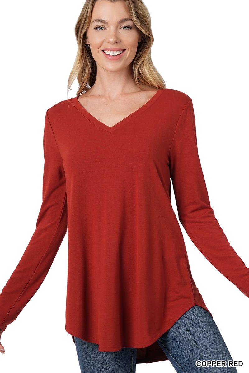 Zenana Women & Plus Relaxed Fit Long Sleeve V-Neck Round Hem Jersey Tee Shirt Top - Walmart.com
