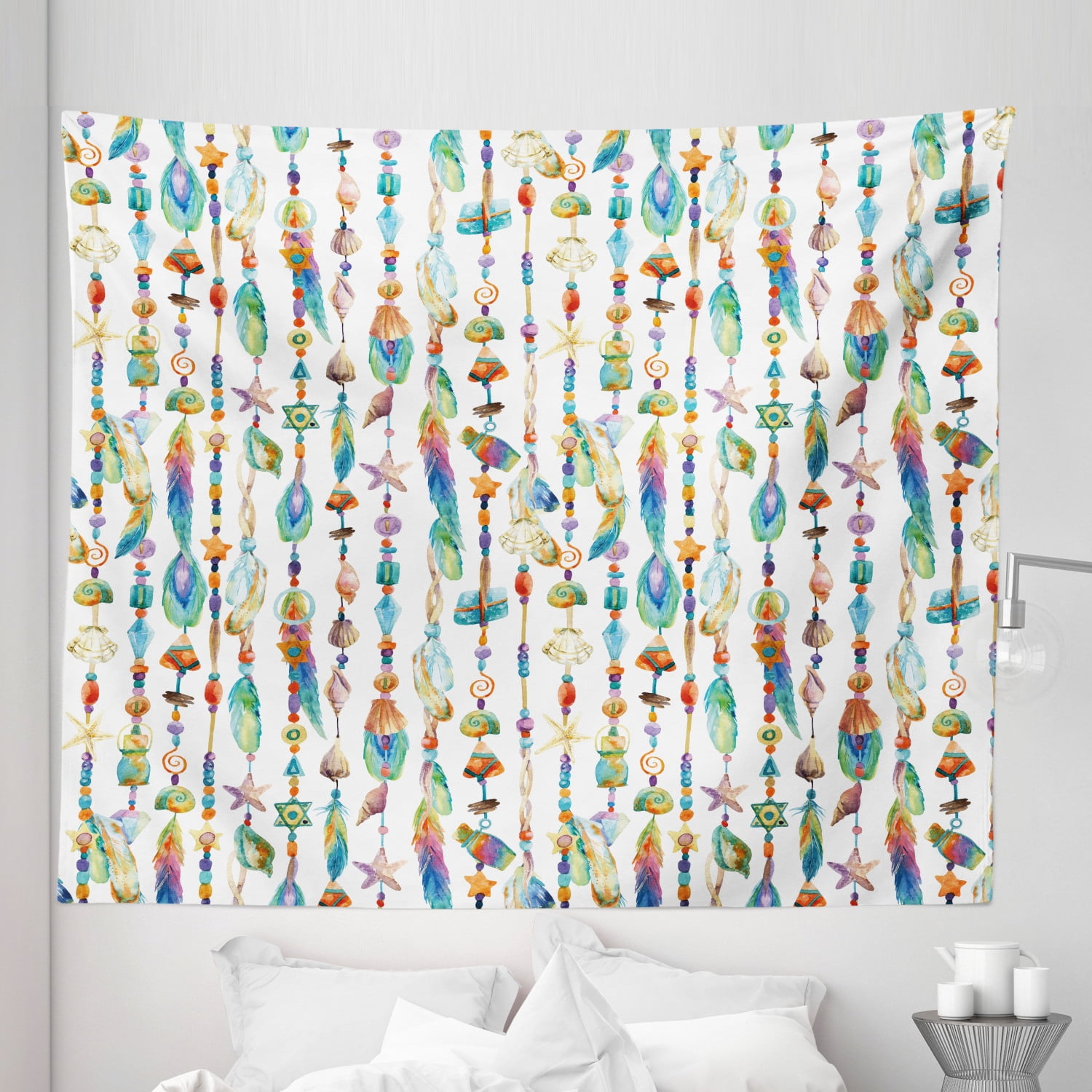 Feather Tapestry, Watercolor Style with Sea Shells Nautical Boho Style ...