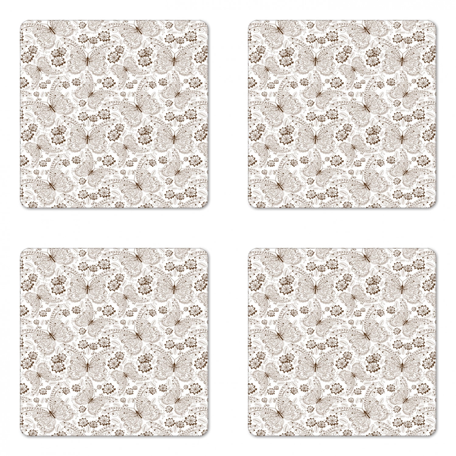 Botanical Coaster Set of 4, Monochrome Design Butterfly and Flower ...
