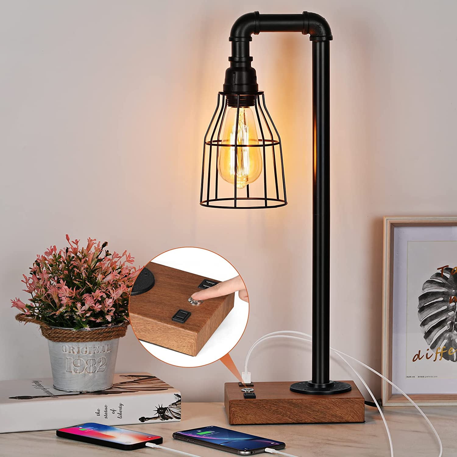 Industrial Table Lamp with Usb Interface Dimmable Bedside Lantern Shade ...