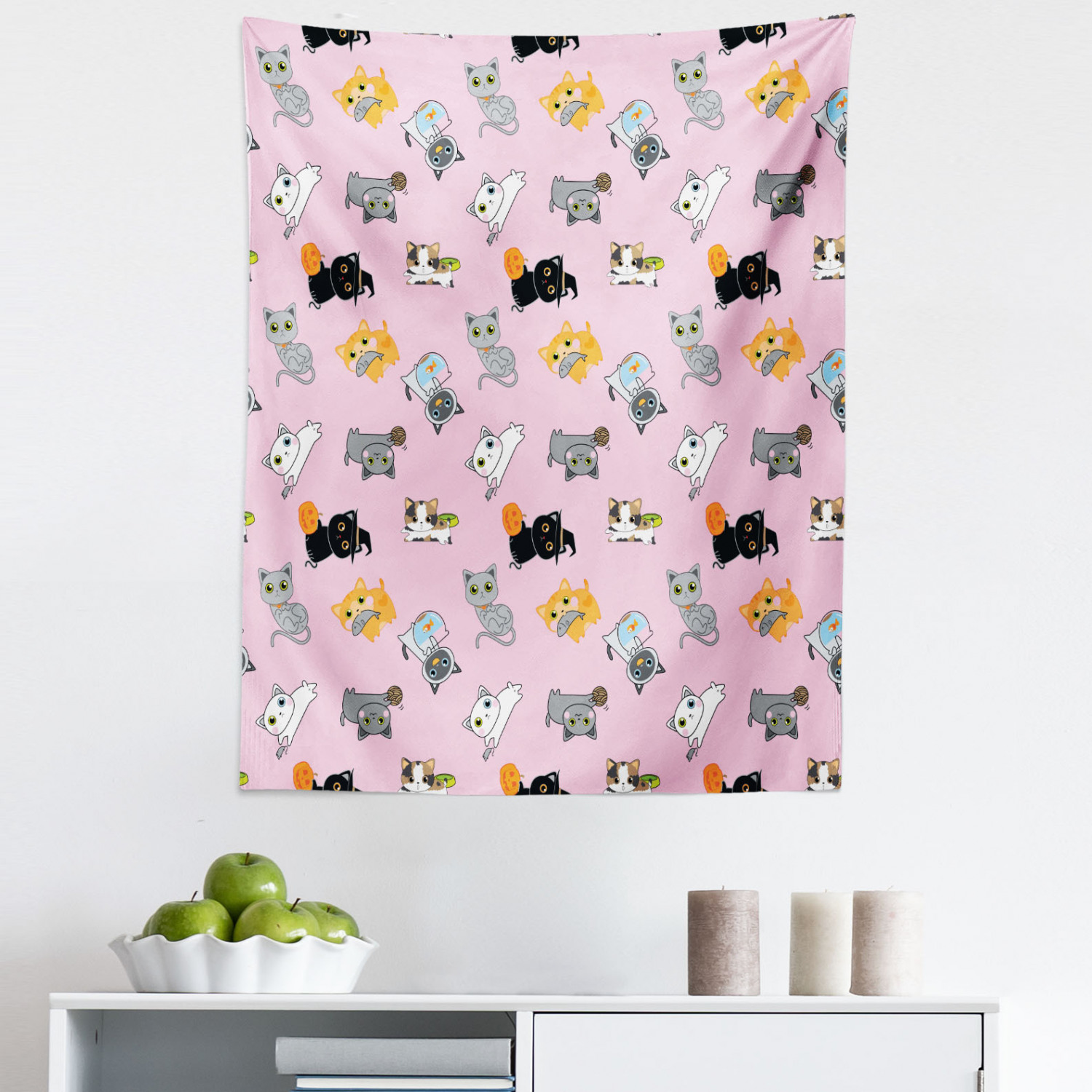 Cat Tapestry, Colorful Kittens Playing with Fish Mice and Yarnball ...