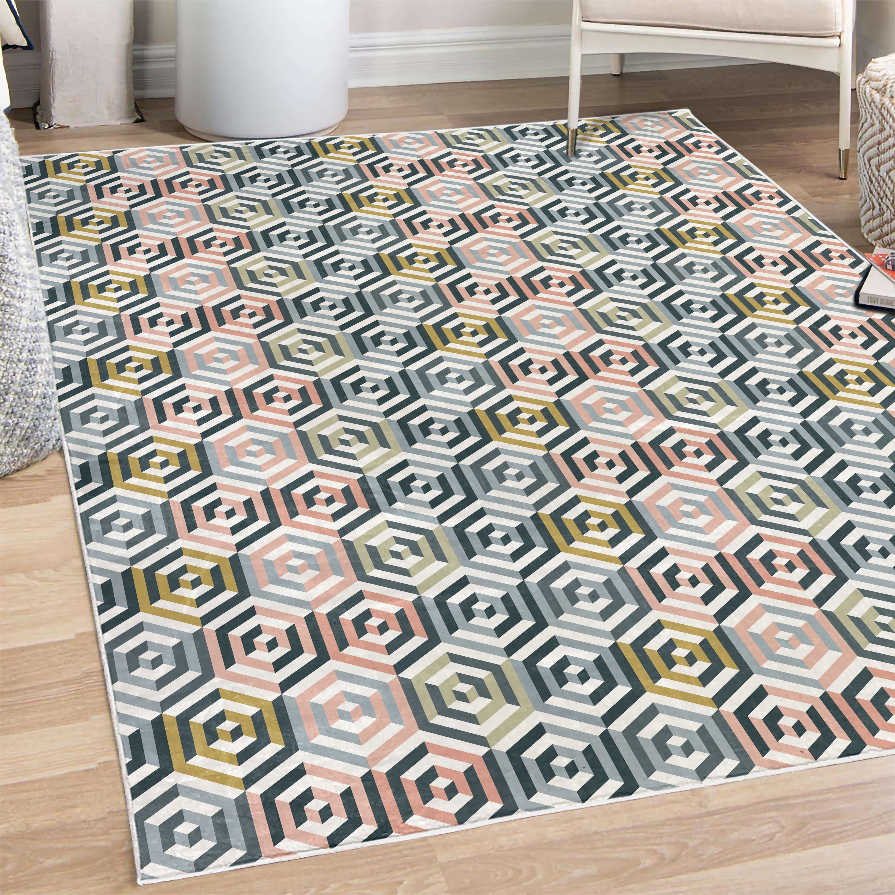 Geometric Decorative Rug, Abstract Cubes Isometric Hexagonal Shaped ...