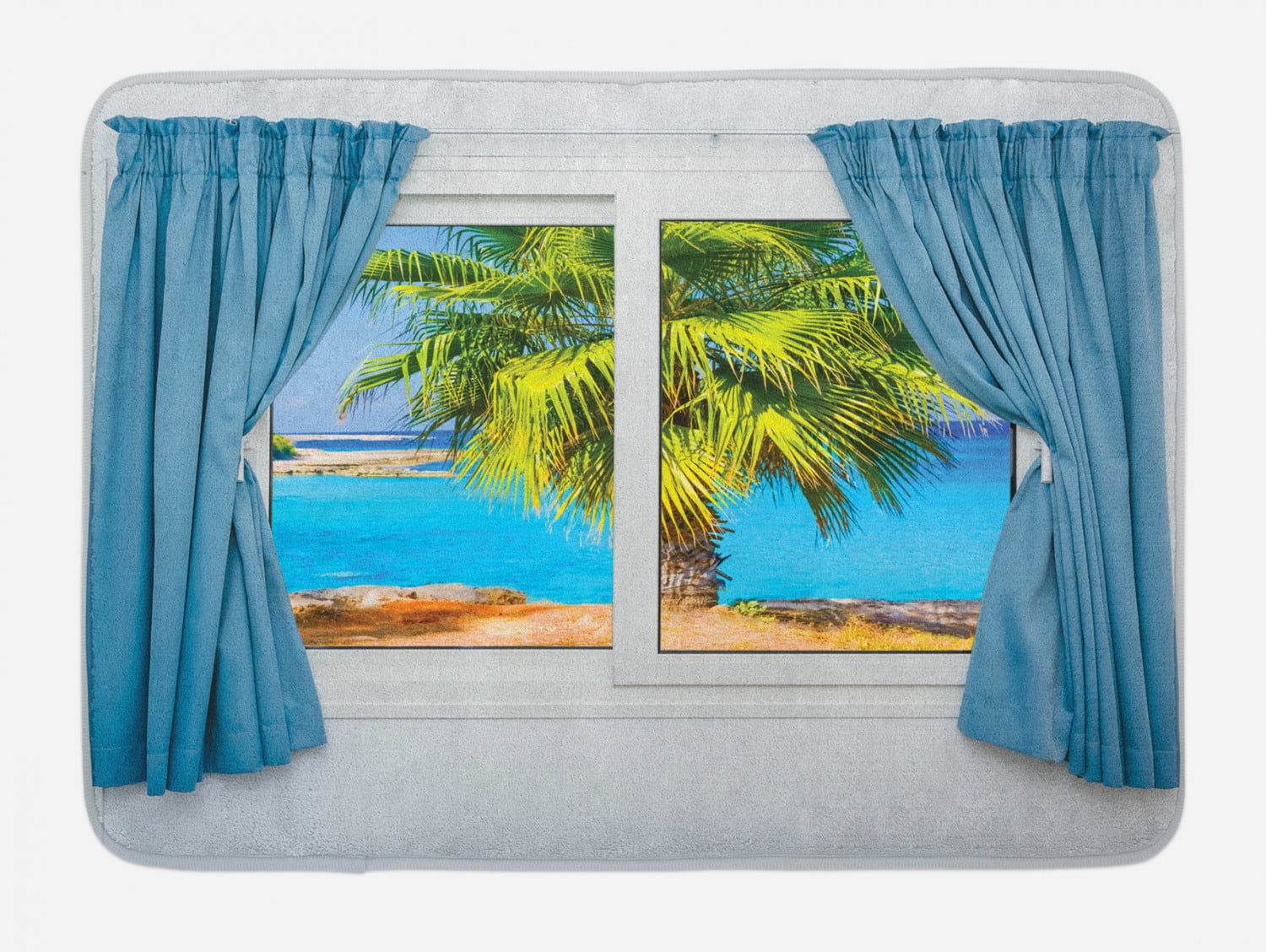 Beach Bath Mat, View from Window with a Curtain Tropical Beach Sun Rays ...