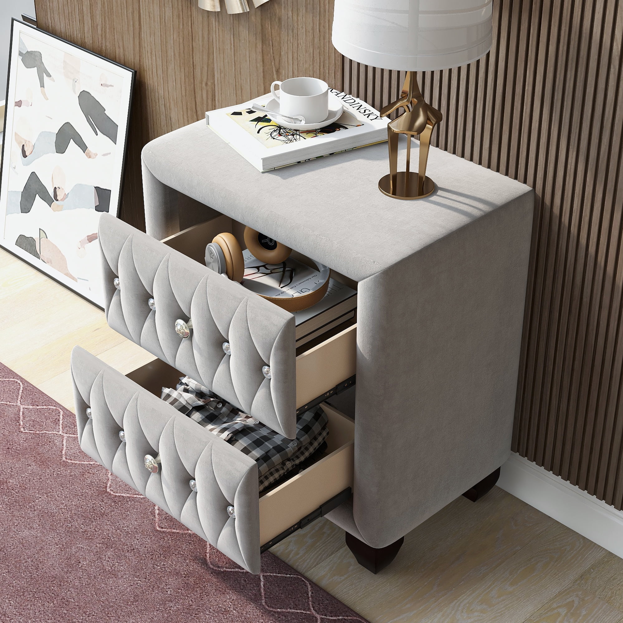 Paproos Nightstand for Bedroom, Upholstered Velvet Bedside Table with 2 ...