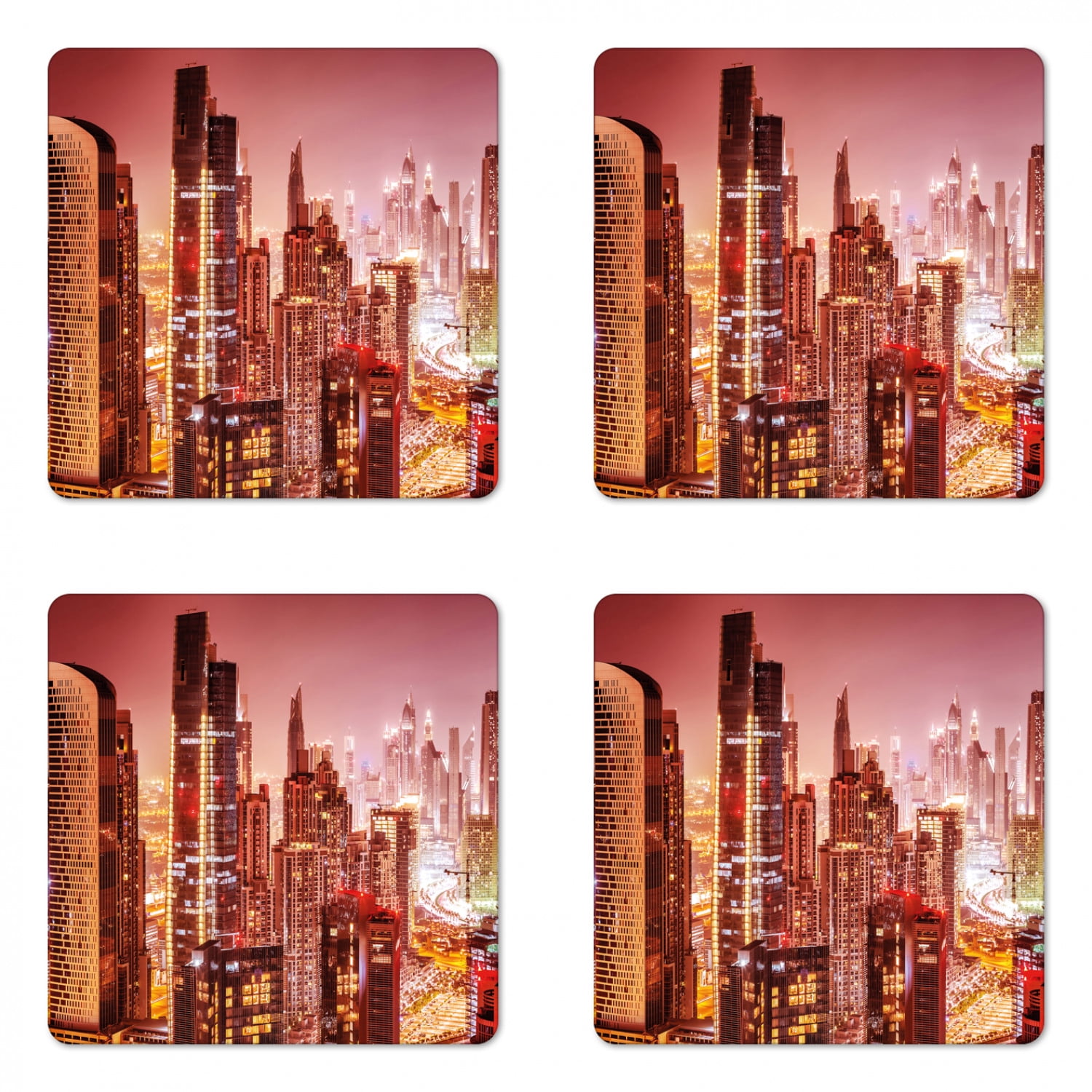 Cityscape Coaster Set of 4, Dubai at Night Scenery Tall Skyscrapers ...