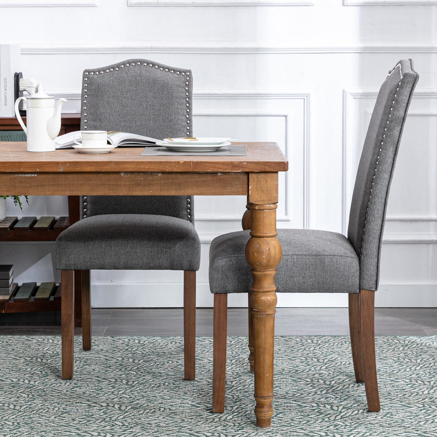 Snugway Dining Chair Grey Upholstered Parson Chair with Nailhead Trim ...