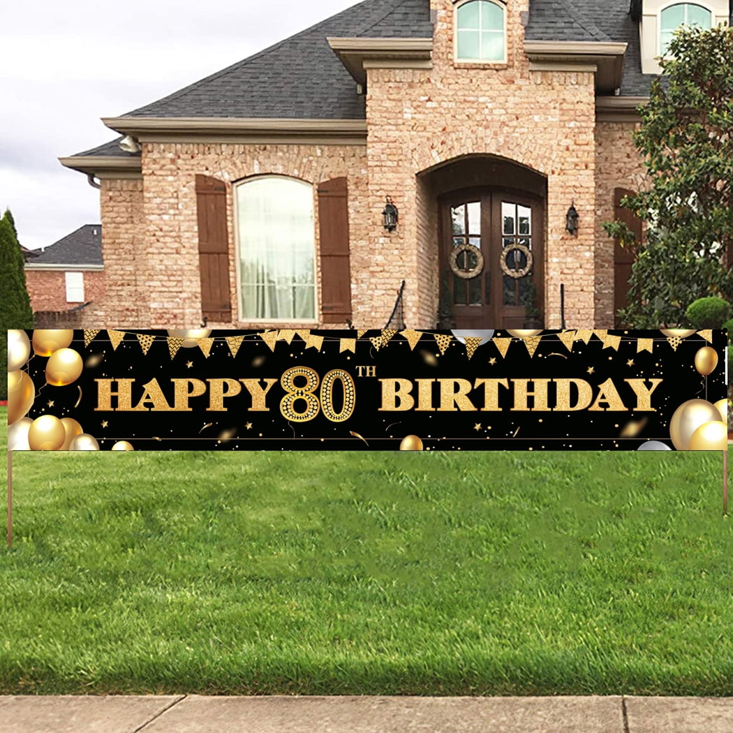 Happy 80th Birthday Decoration Banner, Large Black and Gold Happy 80th ...