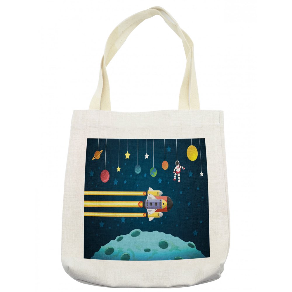 Outer Space Tote Bag, Rocket Ship Flying over the Moon with an ...