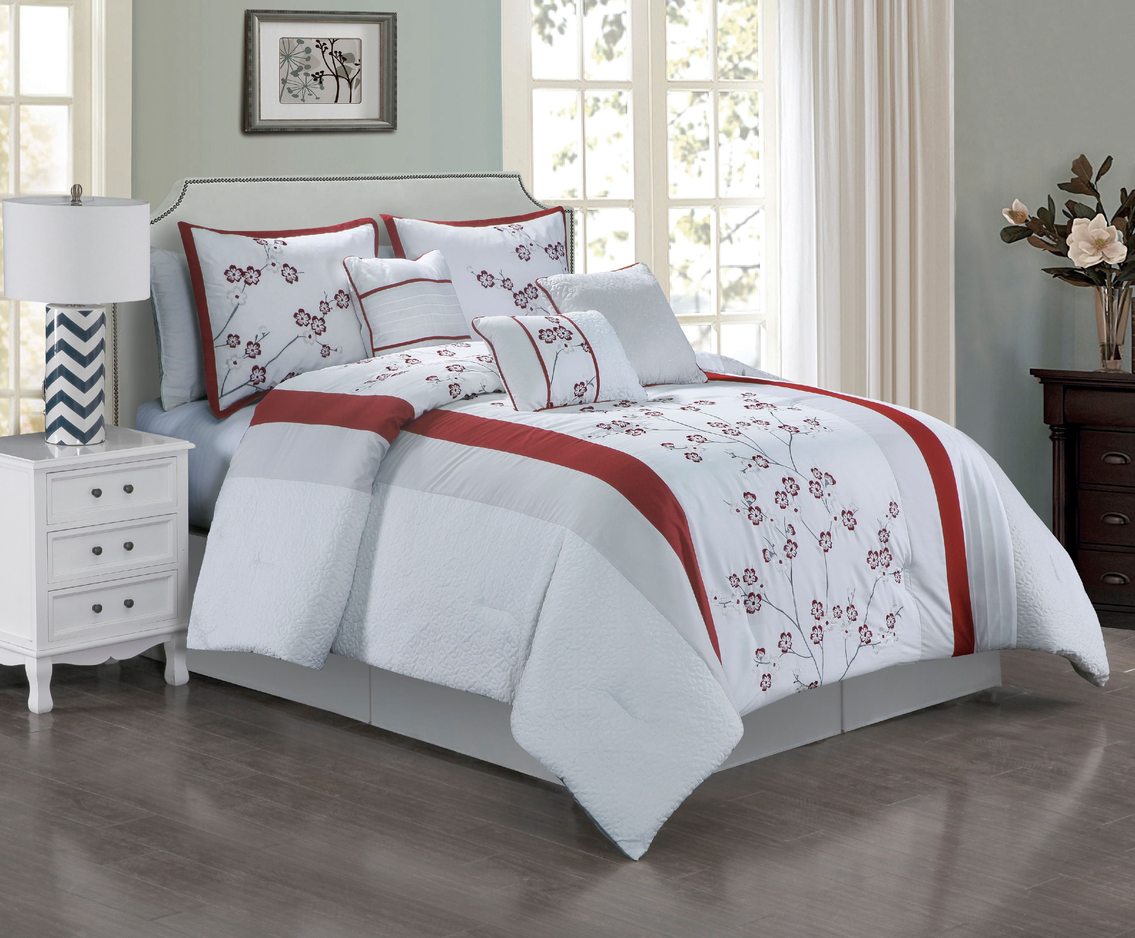 Unique Home Erroll 7 Piece Comforter Set Red Blossom Tree Embroidery ...