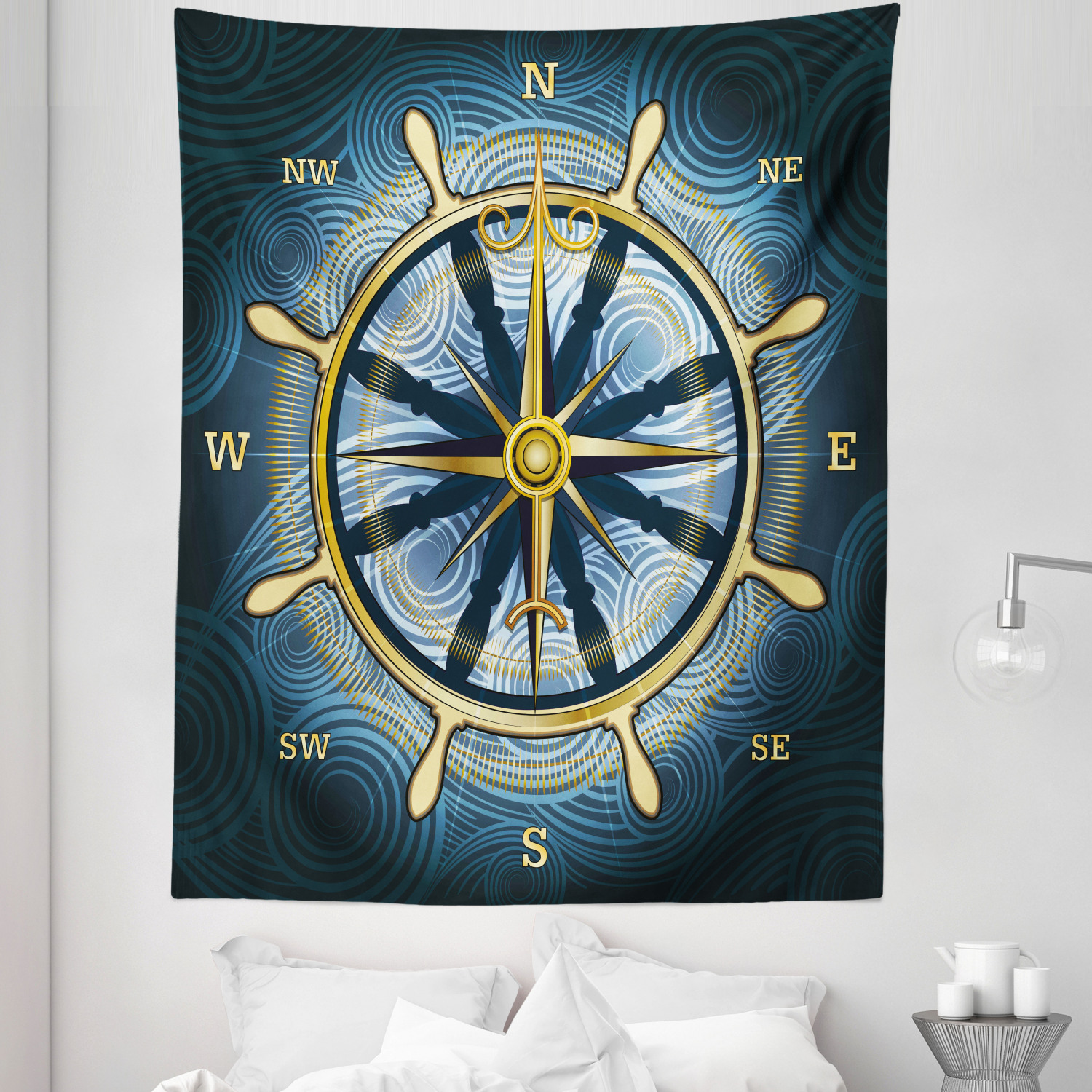 Compass Tapestry, Navigation Theme Compass with Windrose and Helm on a ...