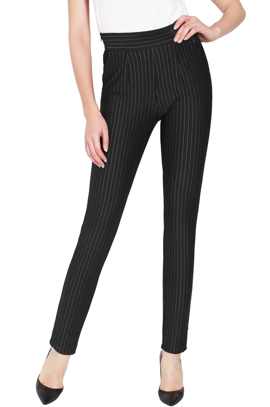 2Luver, Women's, Stripe Ankle Dress Pants w/ Side Pocket and Zip, Black ...