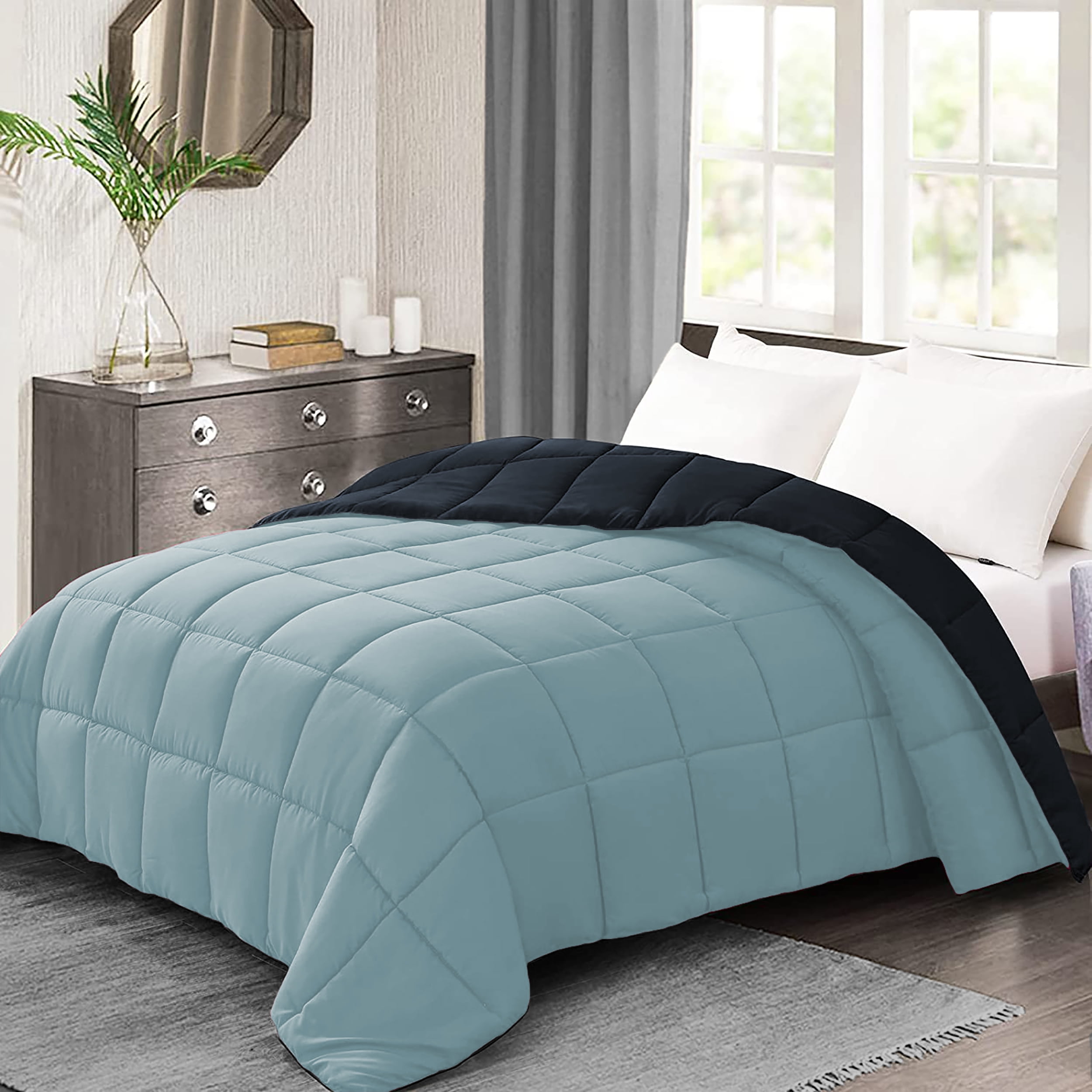 BedDecor 300 GSM 1Pcs Reversible Solid (Light Blue-Navy Blue, Full ...