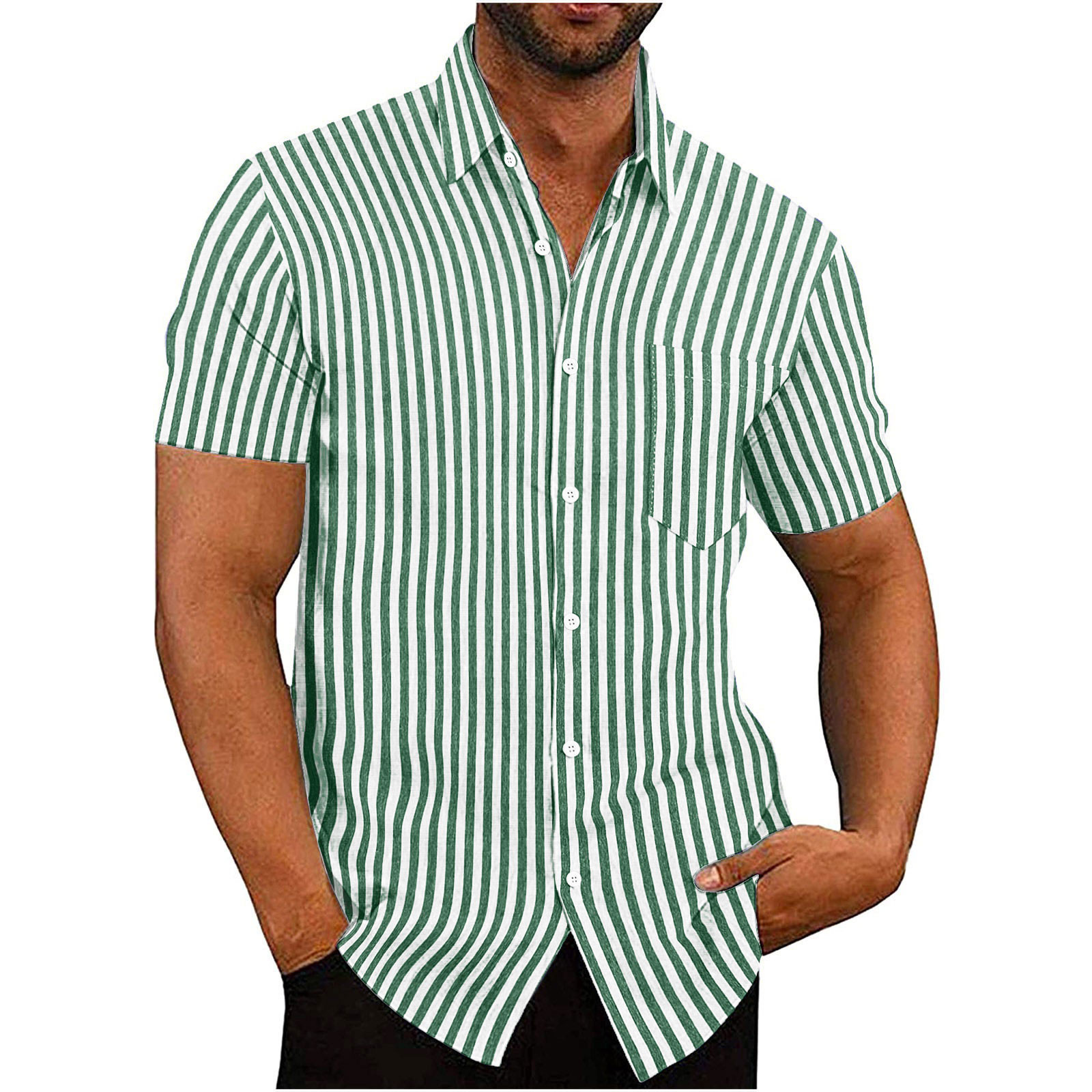 Men's Casual Short Sleeve Button Down Striped Shirt Regular Fit Beach ...