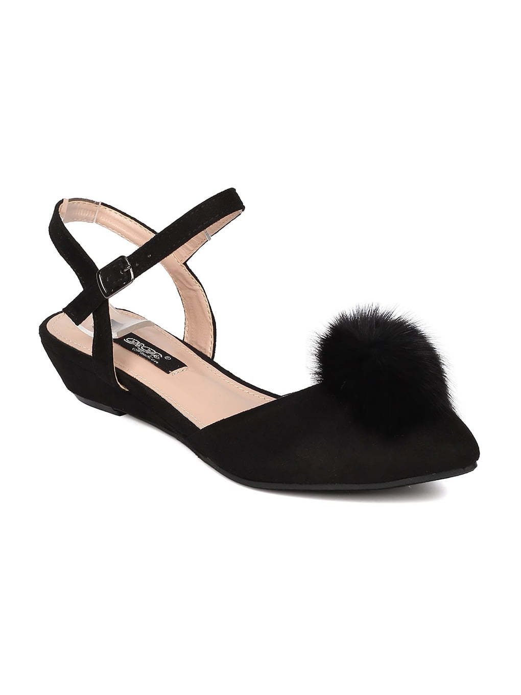 New Women DbDk Bunny-3 Mixed Media Pom Pom d'Orsay Low Wedge Sandal ...