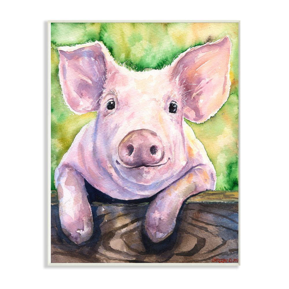 Stupell Industries Pink Pig Animal Green Watercolor Painting Wall ...