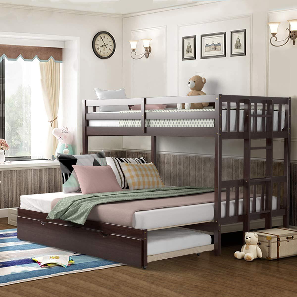 Twin Over Pull-Out Bunk Bed with Trundle, Solid Wood Bunk Bed with ...