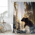 Bear Fishing Shower Curtain, Forest Stream Animals Sunset Waterproof ...