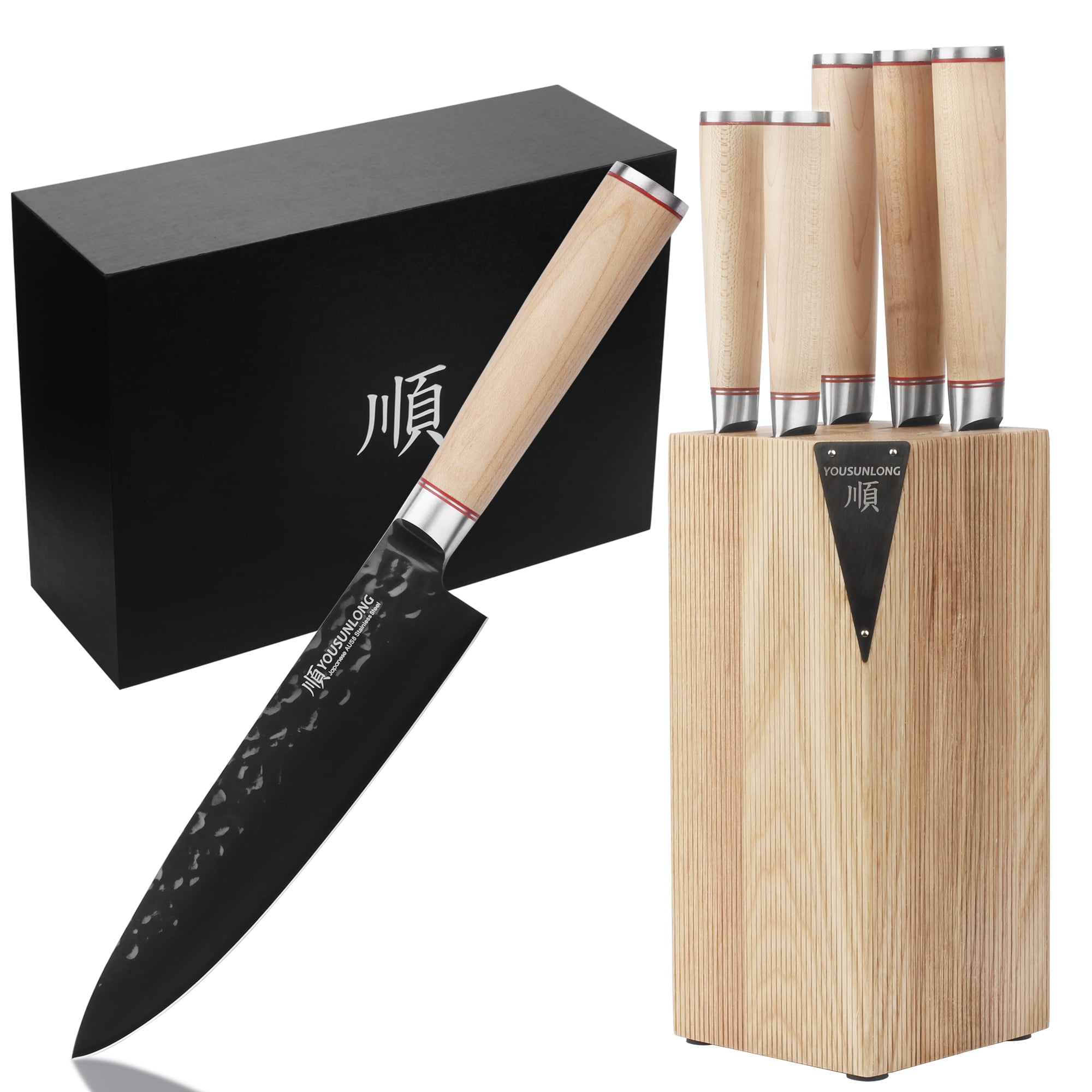 YOUSUNLONG Knife Block Sets -Japanese AUS8 Steel Black Titanium ...