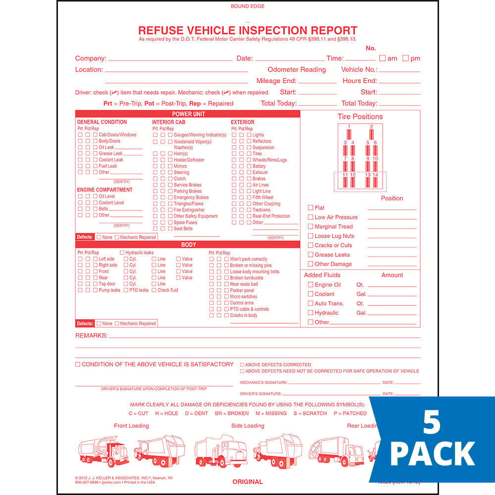 Refuse Truck Driver's Vehicle Inspection Report Book 5-pk. - 2-Ply ...