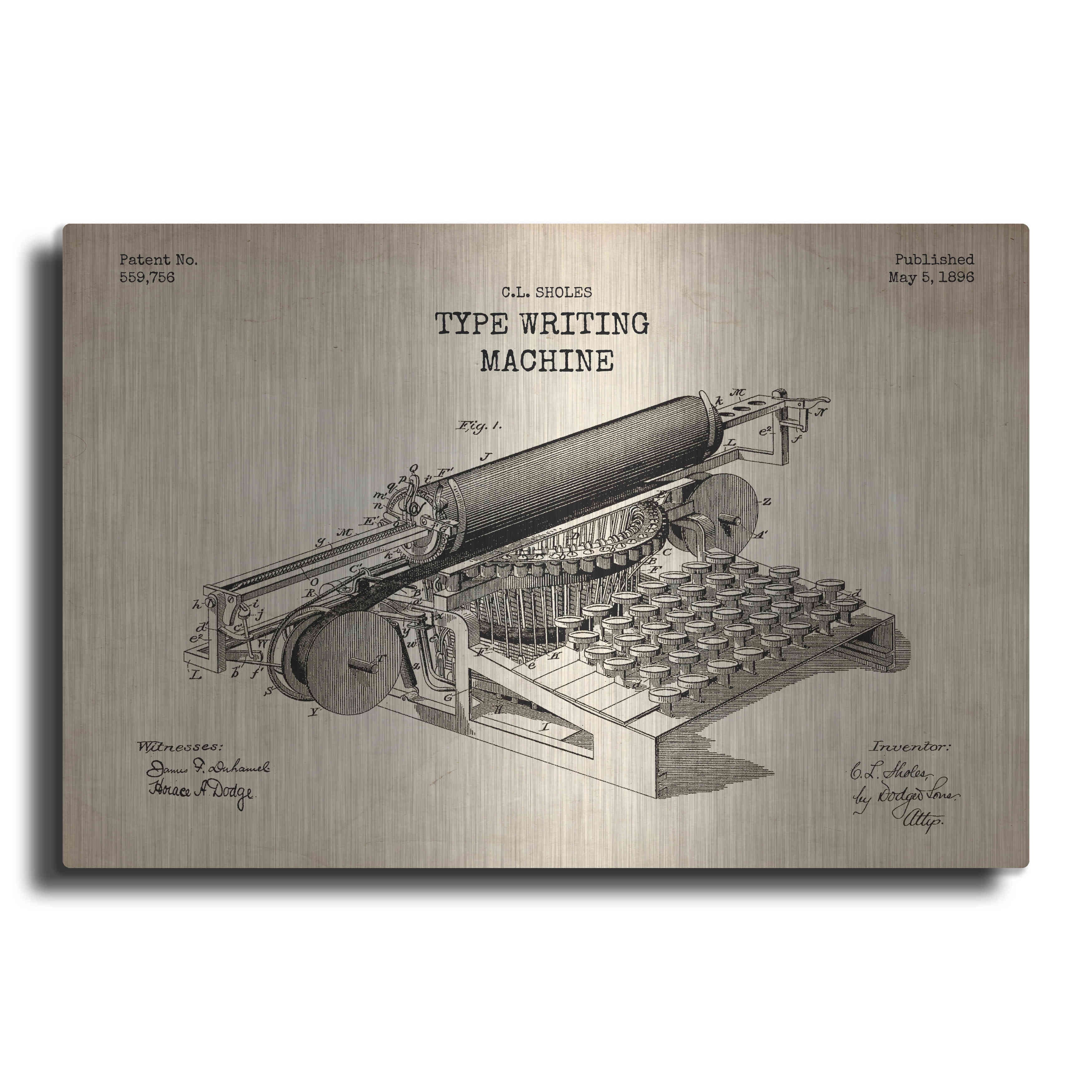 Luxe Metal Art 'Type Writing Machine Blueprint Patent Parchment' Metal ...
