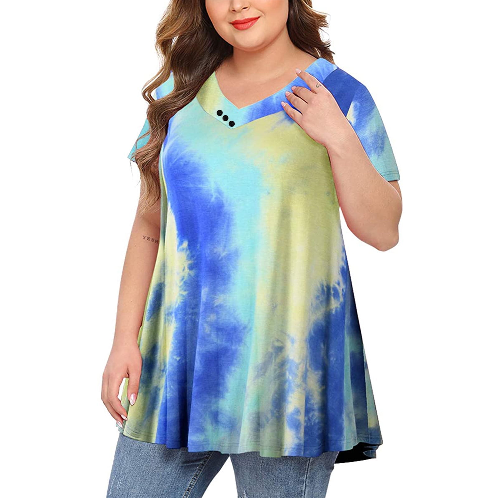Click here for Cehvom Women Plus Size Tops Tie-Dye Print Short Sl... prices