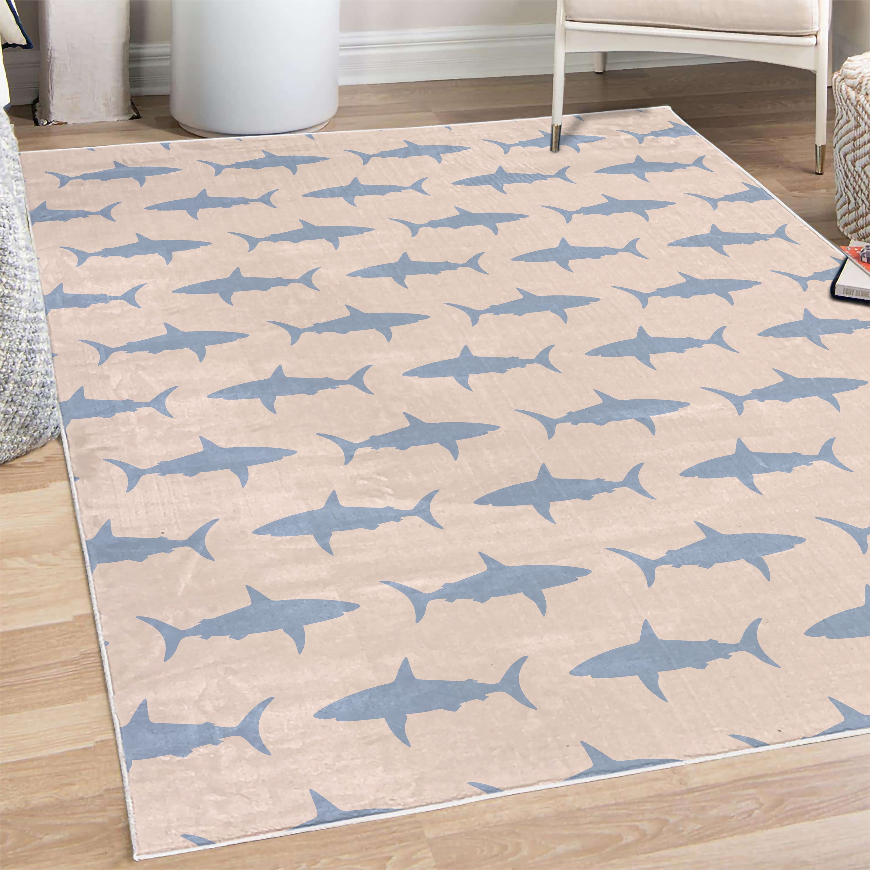 Sea Animals Decorative Rug, Sharks Swimming Horizontal Silhouettes ...