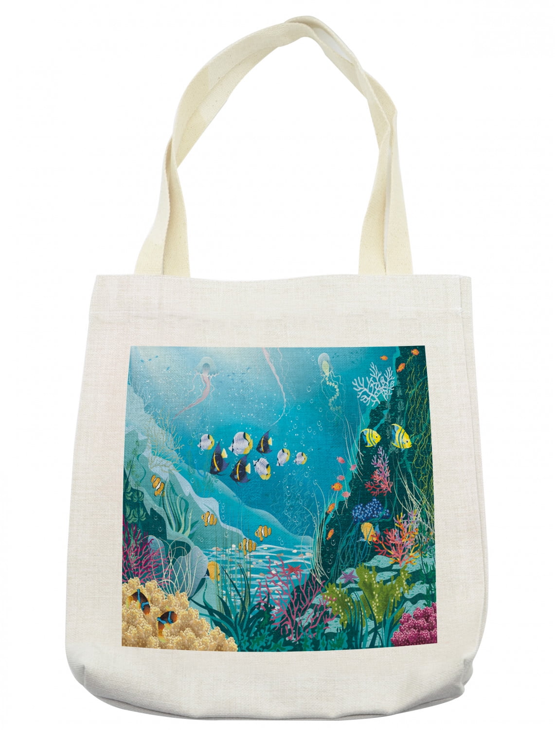 Fish Tote Bag, Underwater Landscape with Tropical Fish and Algae Polyps ...