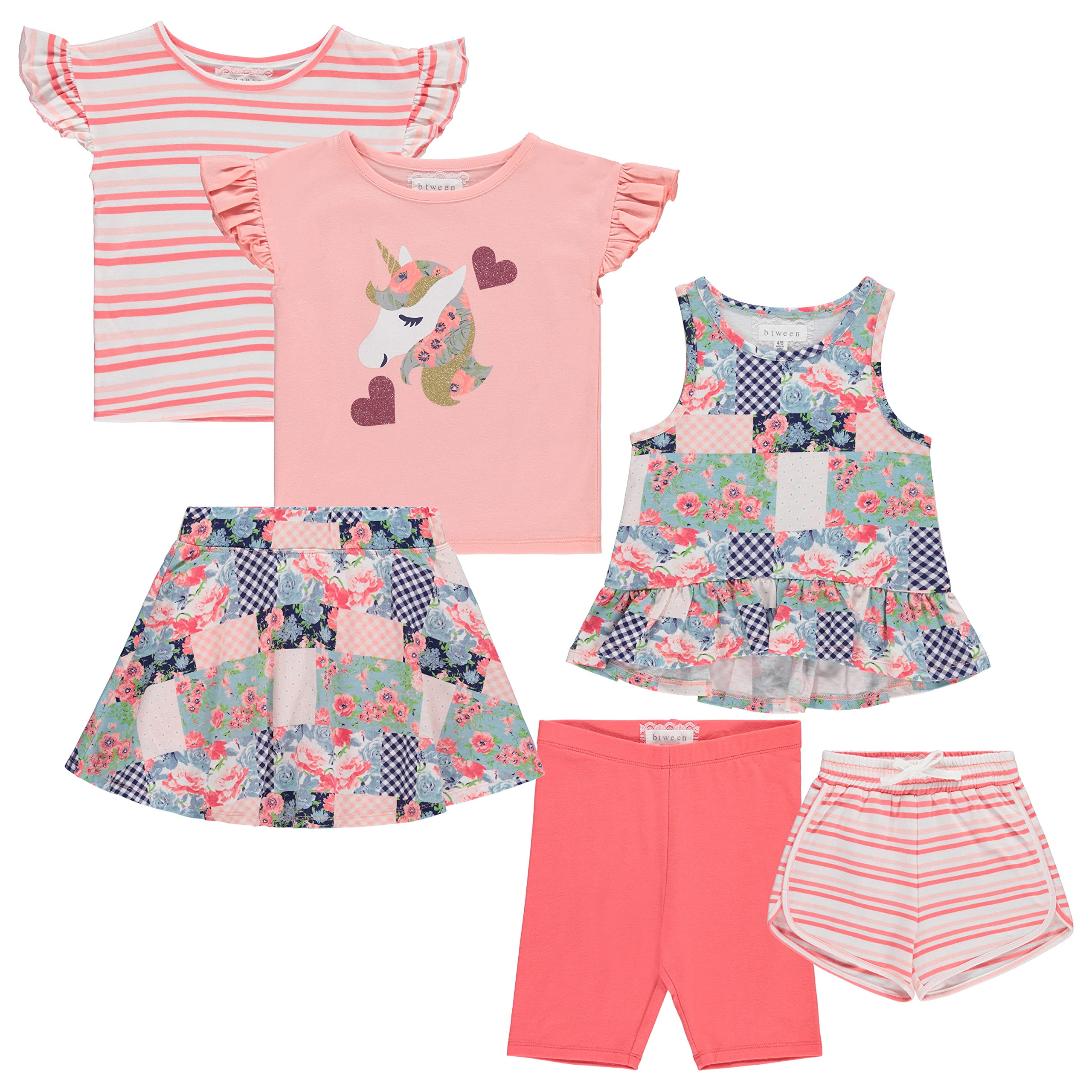 BTween Girls 6-Pack Unicorn Outfit Set w/ Ruffle Sleeve Tees, Peplum ...