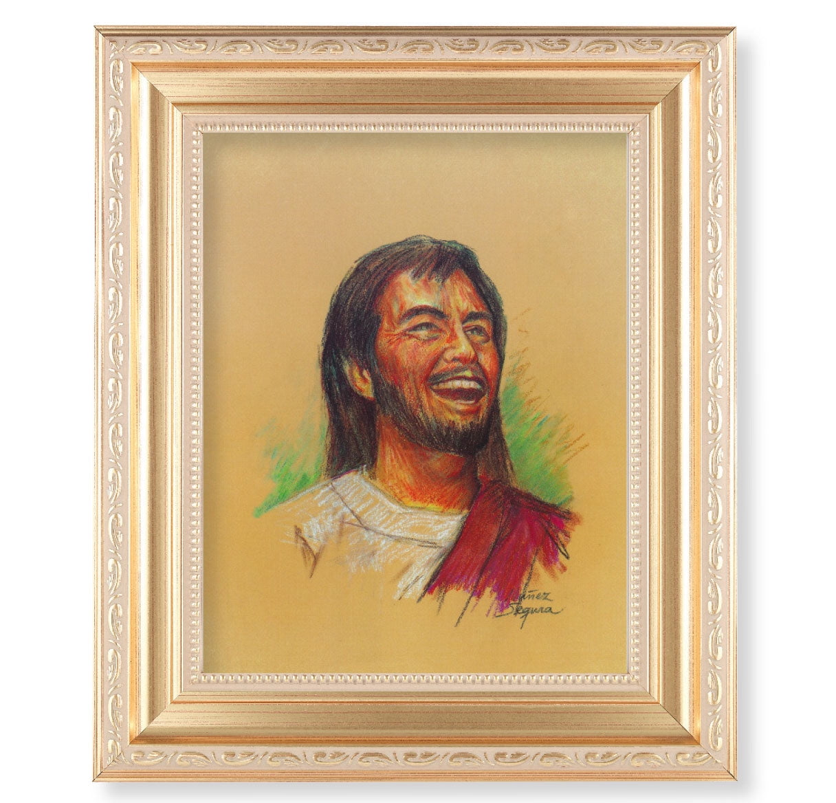 Laughing Jesus Picture Framed Wall Art Decor Large, Satin Gold Fluted ...