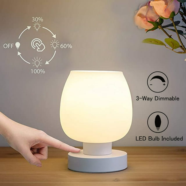 Touch Control Bedside Lamp, 3-Way Dimmable, White Opal Glass Shade ...