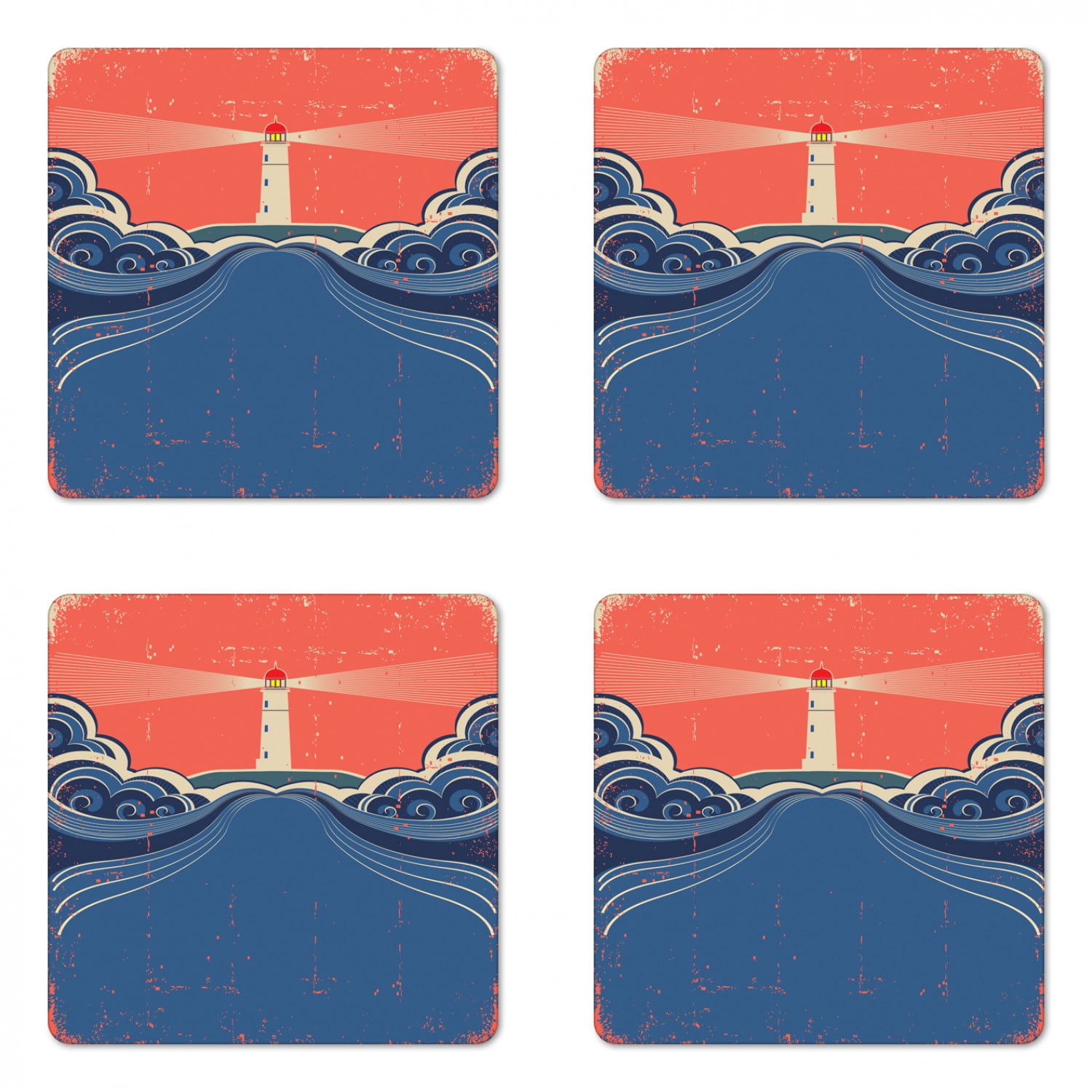 Lighthouse Coaster Set of 4, Grungy Style Lighthouse Art Print Beam ...